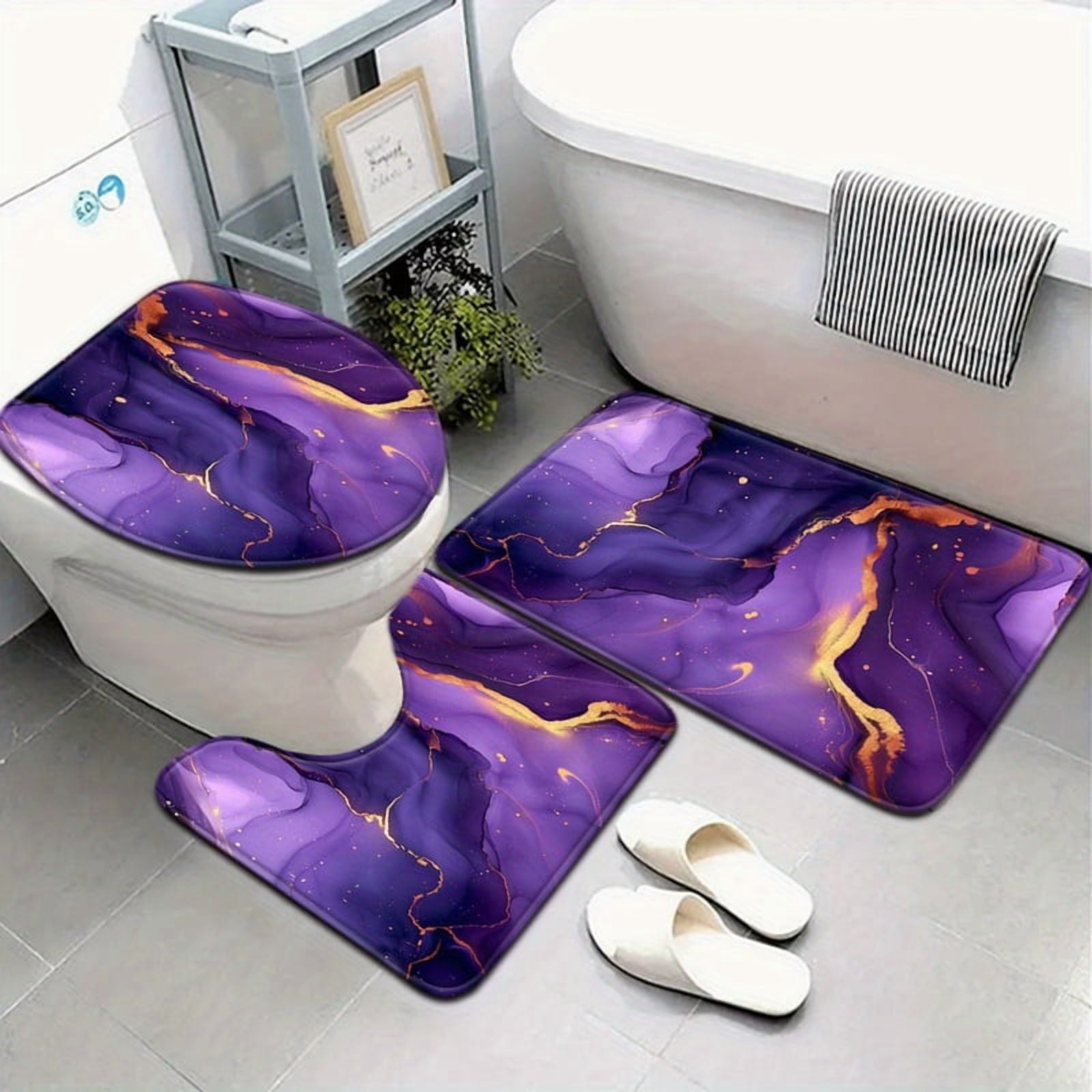 3-Piece Purple Quicksand Bath Mat Set - Polyester Fabric, Marble Toilet ...