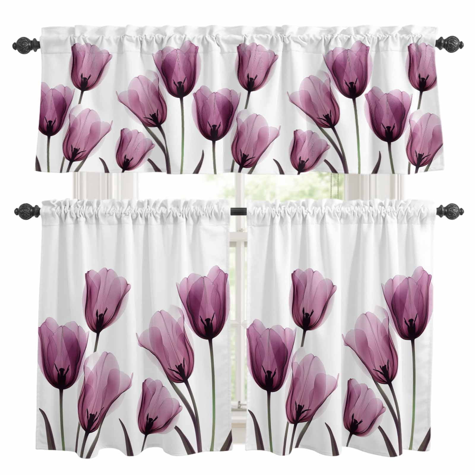 3 Piece Purple Tulip Kitchen Curtain Valance and Tiers Set X-ray Flower ...