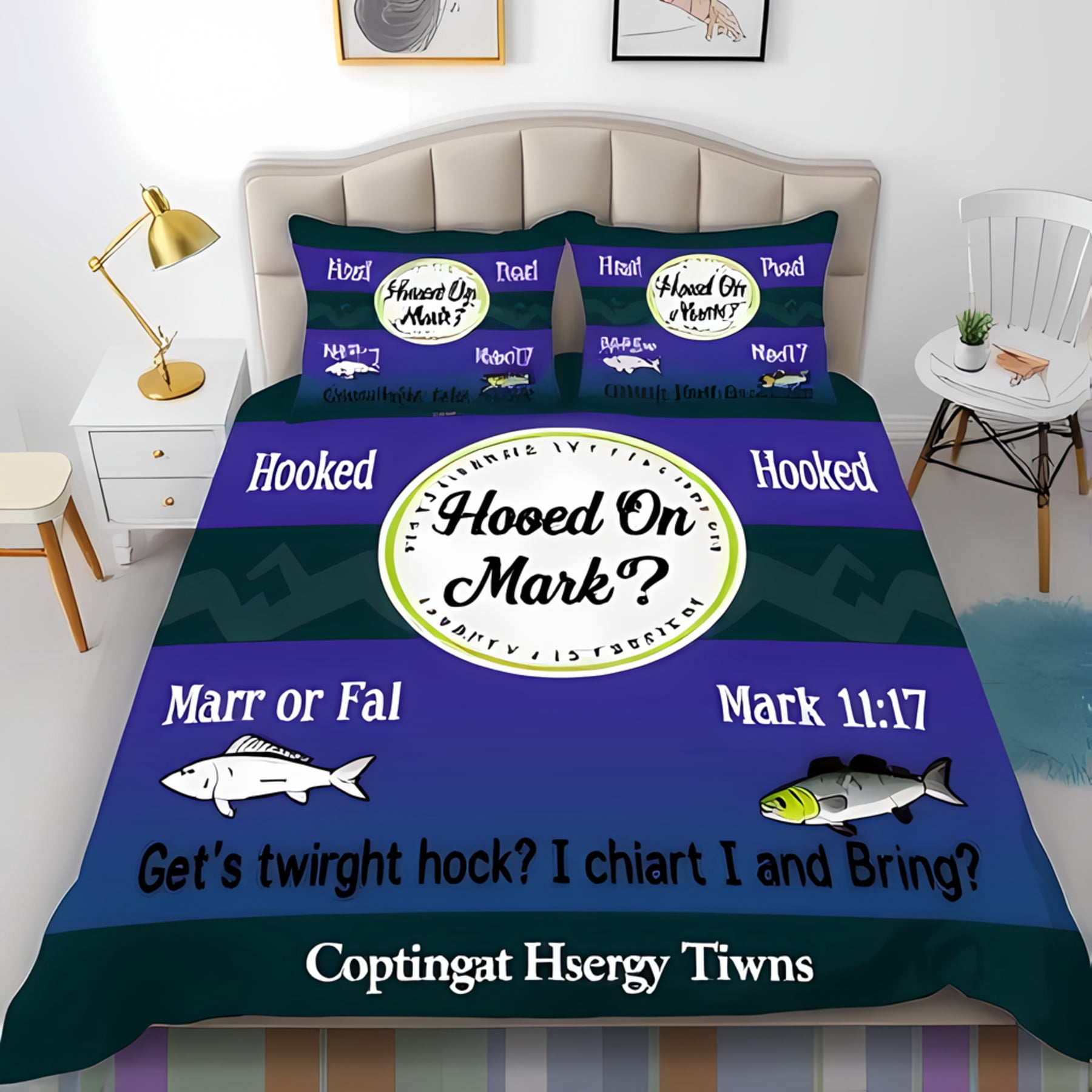 3-Piece Purple and Dark Teal Fishing Theme Duvet Cover Set with ...
