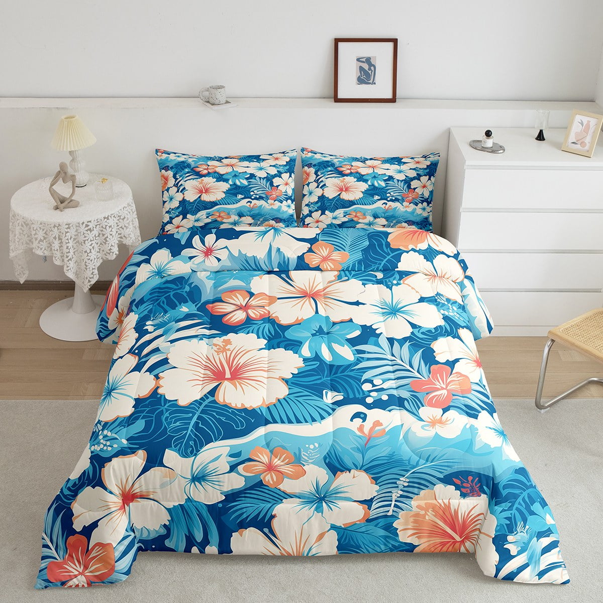 3 Piece Queen Comforter Set, Blue Flowers Bedding Comforter Sets ...