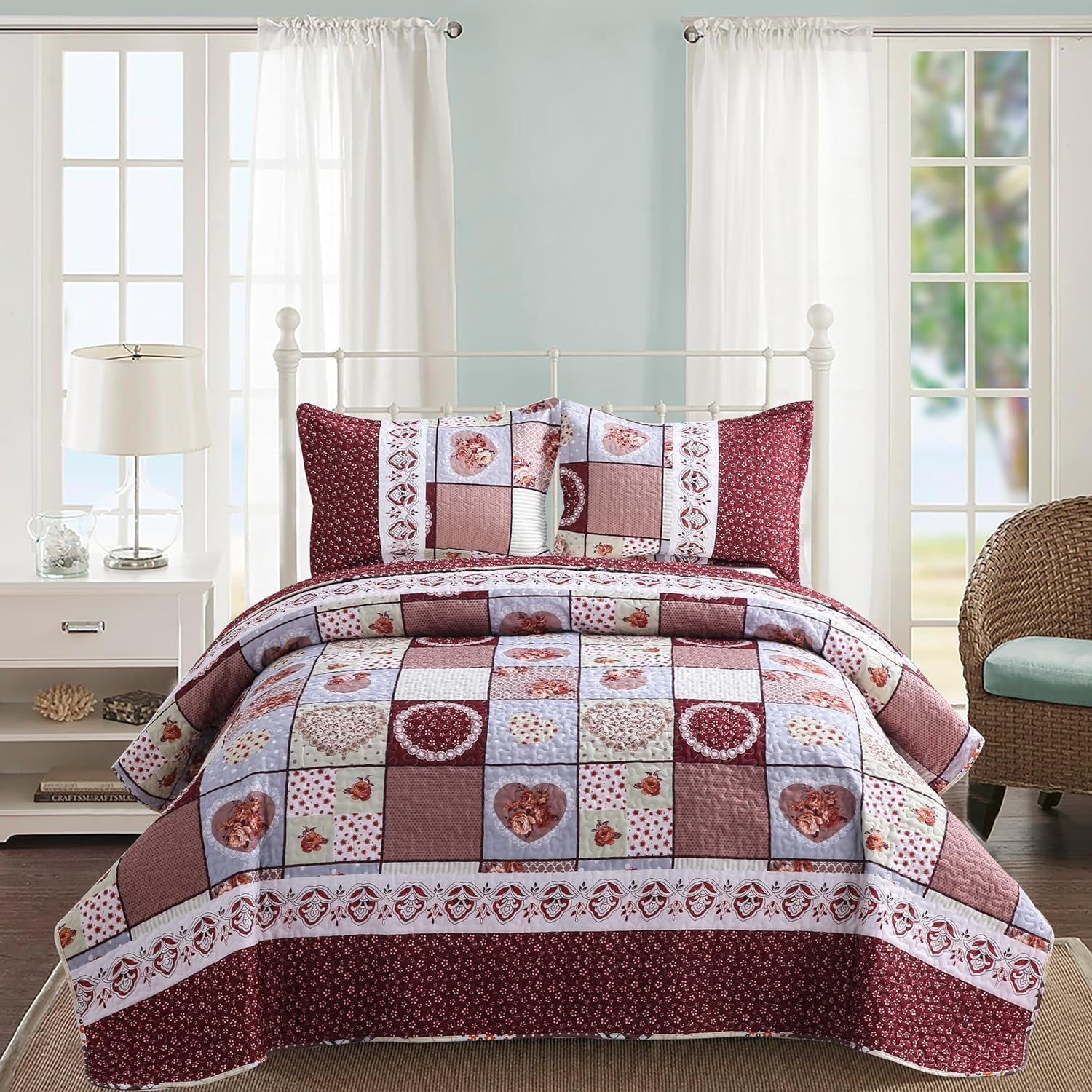 3-Piece Queen Patchwork Quilt Set, Microfiber, Lightweight, All Season ...