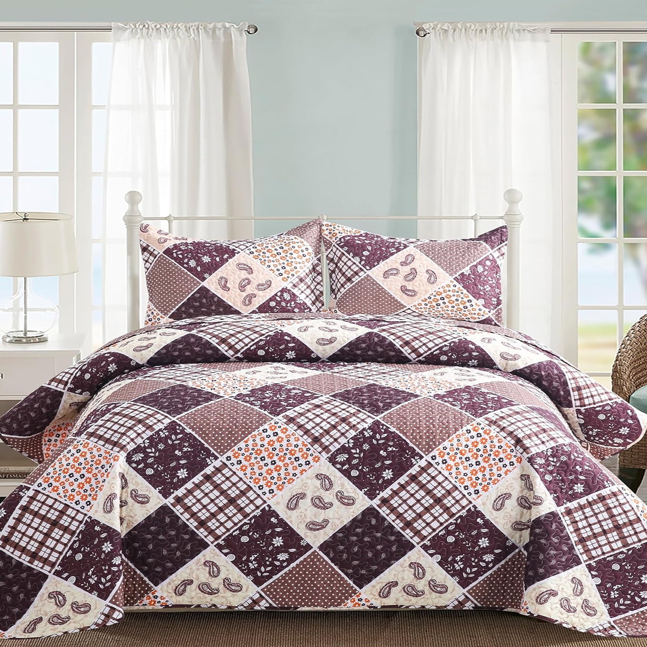 3-Piece Queen Patchwork Quilt Set - Microfiber, Lightweight, All Season ...