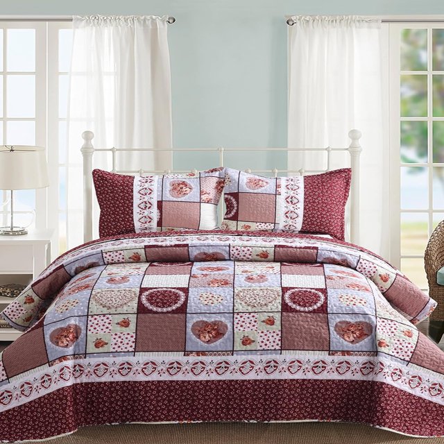 3-Piece Queen Patchwork Quilt Set, Microfiber, Lightweight, All Season ...