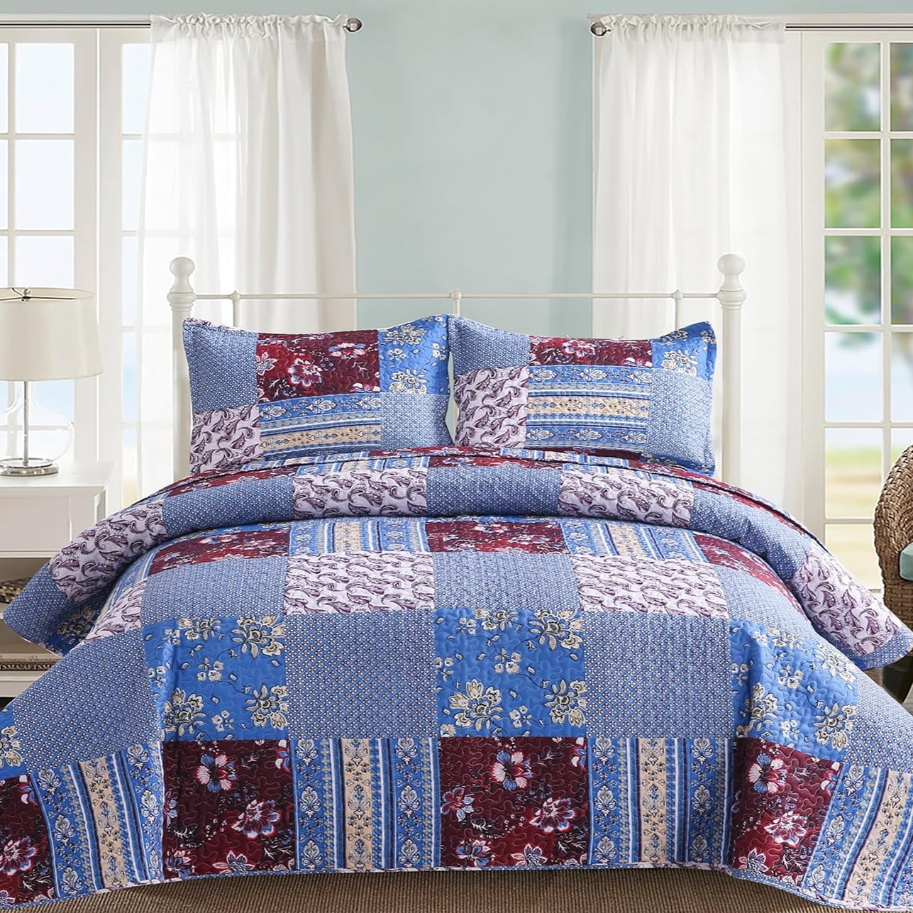 3-Piece Queen Patchwork Quilt Set - Microfiber, Lightweight, All Season ...