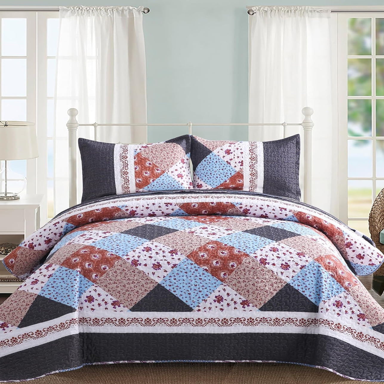 3-Piece Queen Patchwork Quilt Set Microfiber Lightweight for All Season ...