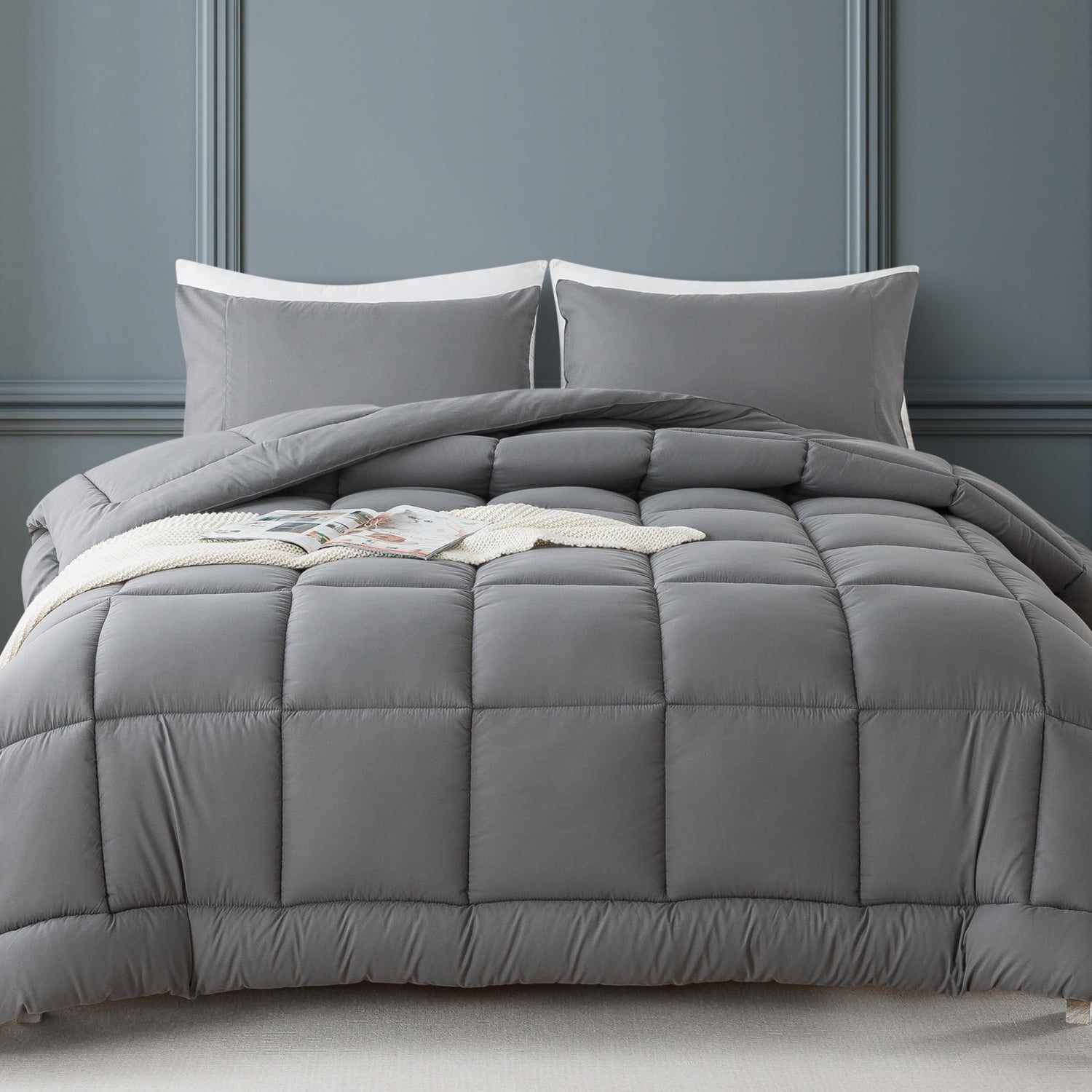 3 Piece Queen Size Down Alternative Comforter Set Dark Gray Comforter