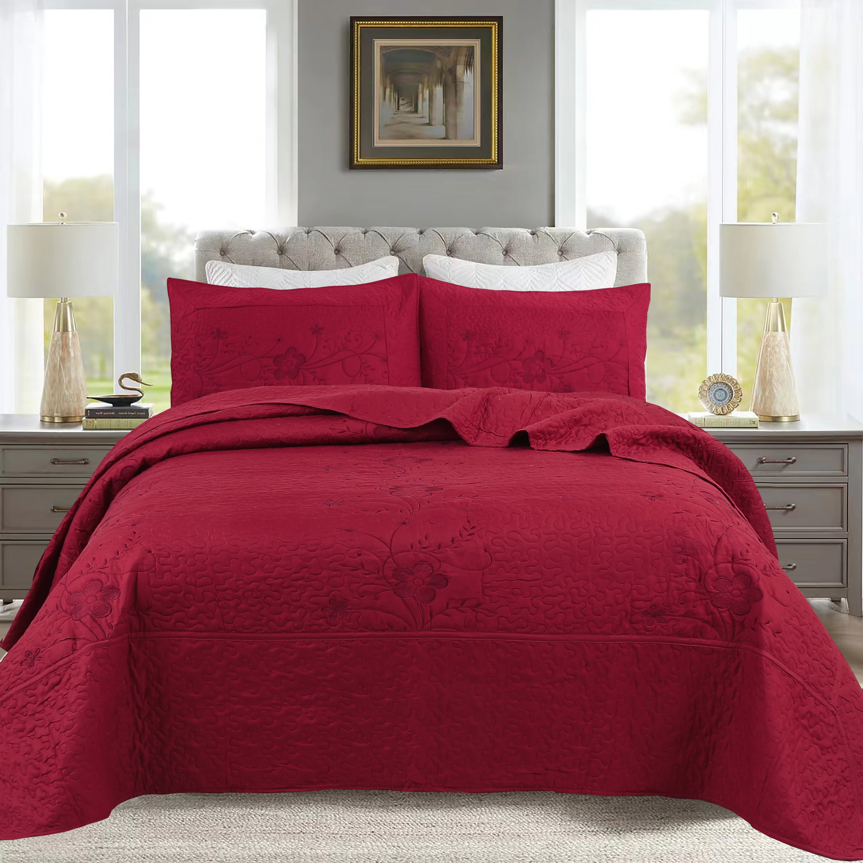 3-Piece Queen Size Embroidered Burgundy/Red Quilt Set – Lightweight ...