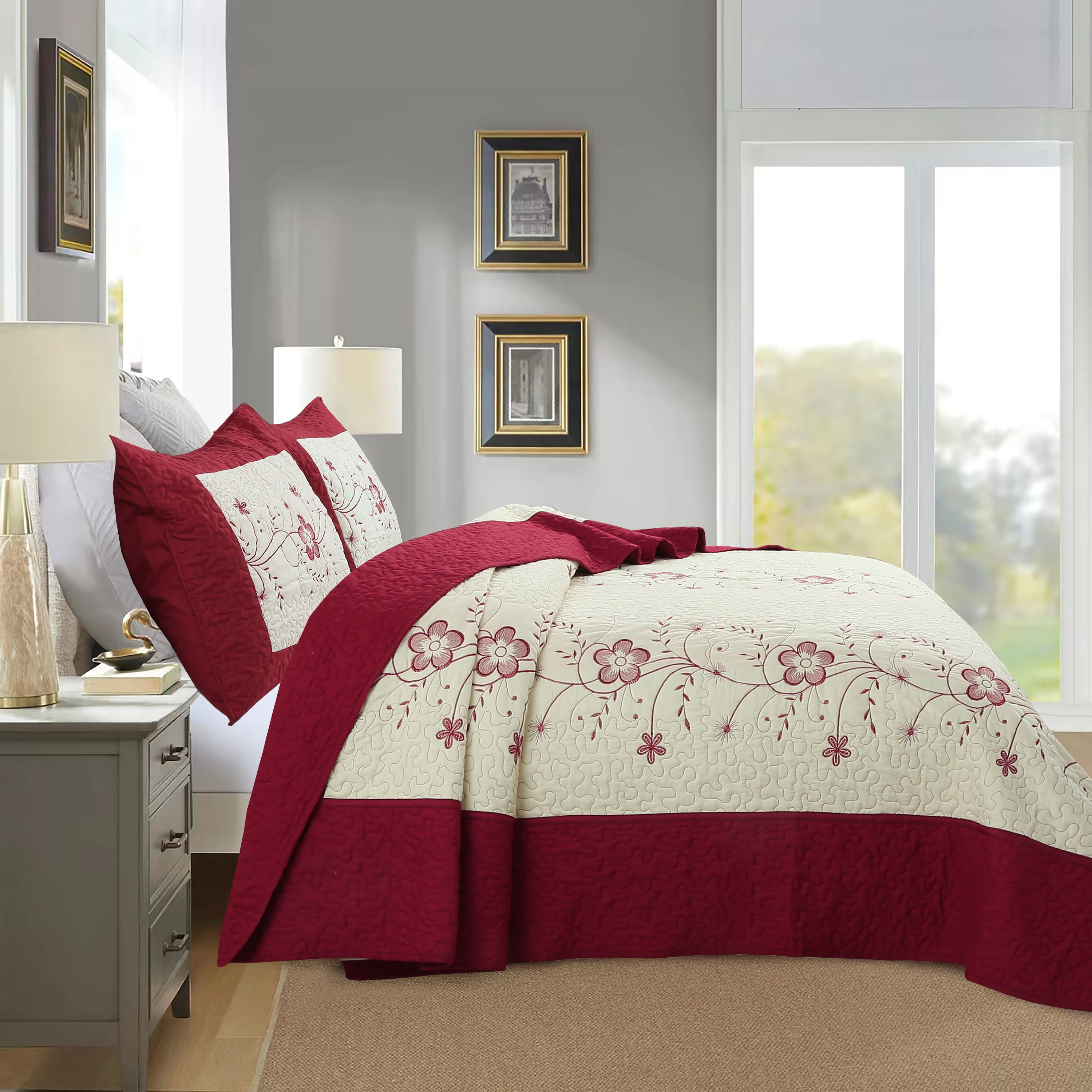 3-Piece Queen Size Embroidery Quilt Set – Lightweight Burgundy/Red ...