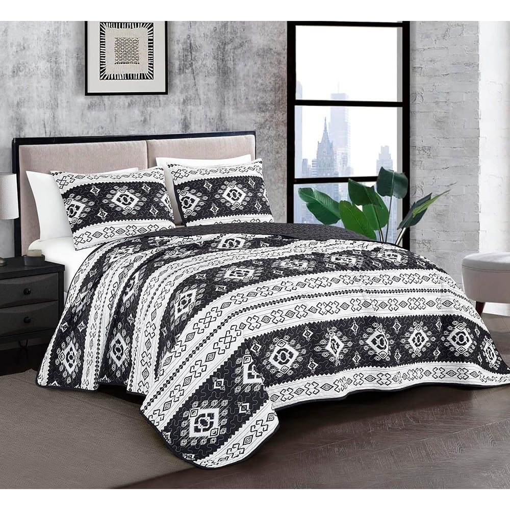3-Piece Queen Southwestern Aztec Quilt Set - Black White Geometric ...