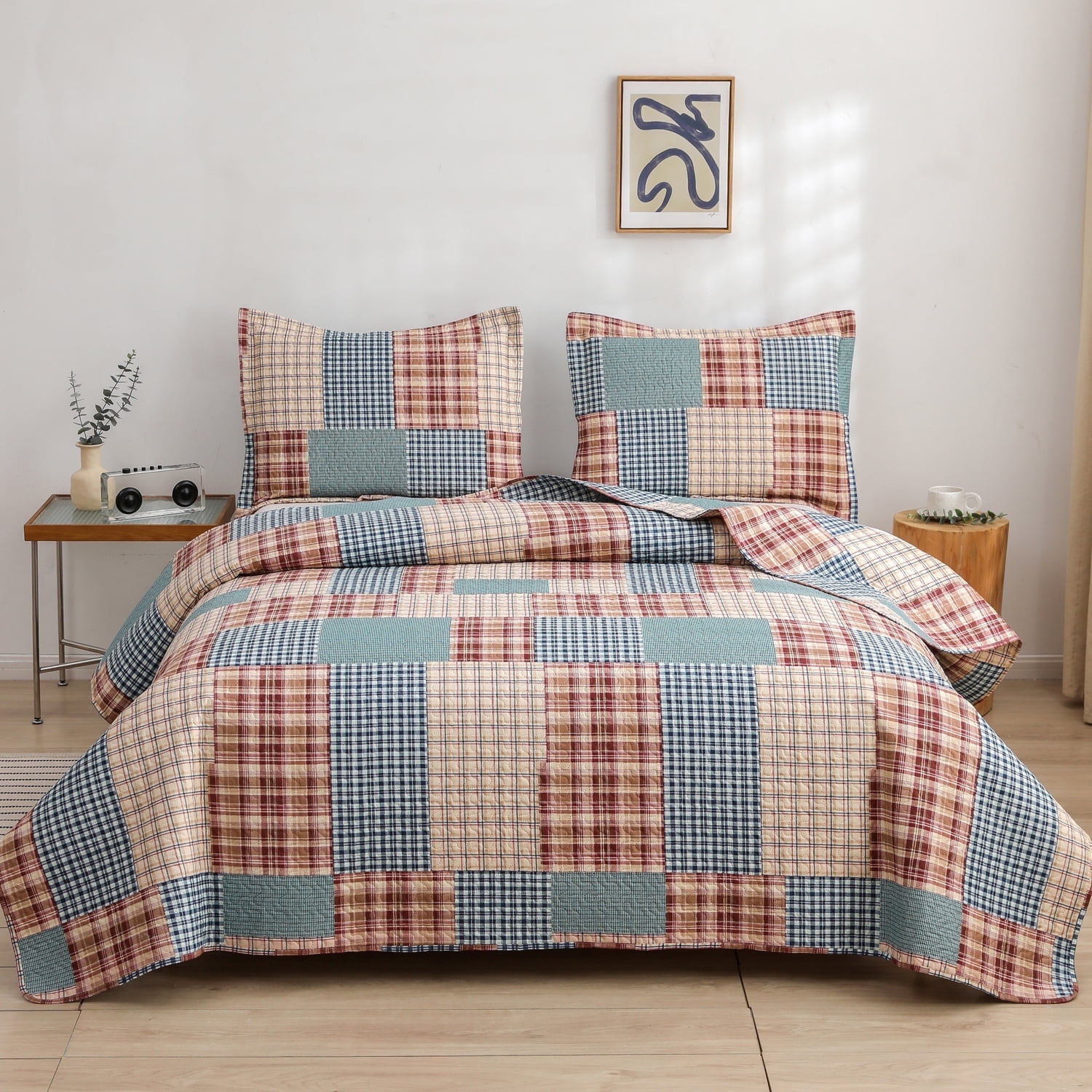 3 Piece Quilt Set Queen/Full Size Bedspread Coverlet Mens Plaid ...