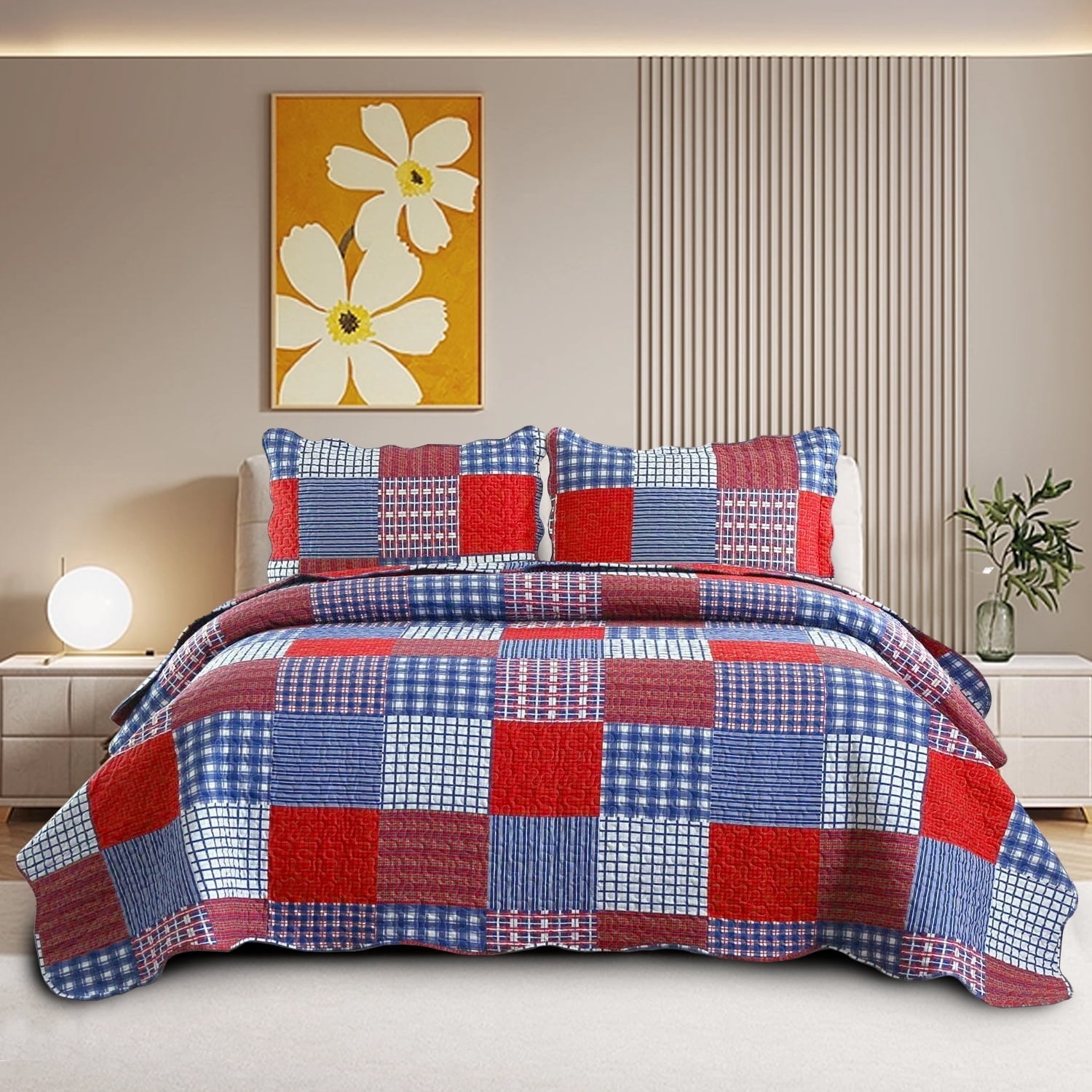 3-Piece Queen/Full Size Reversible Microfiber Quilt Set in Plaid ...