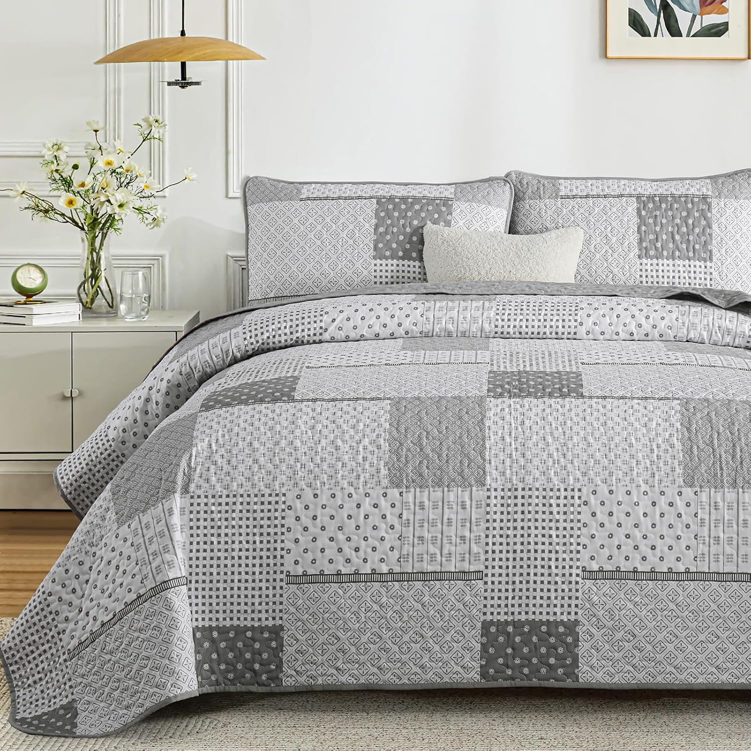 3 Piece Quilt Set Queen Size, Grey Patchwork Quilt Set Bedding with 2 ...