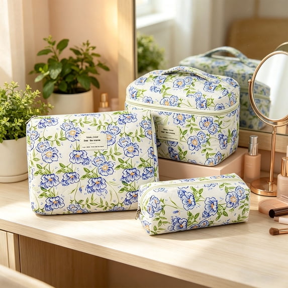 3-Piece Quilted Floral Storage Pouch Set, Polyester Partitioned Travel ...