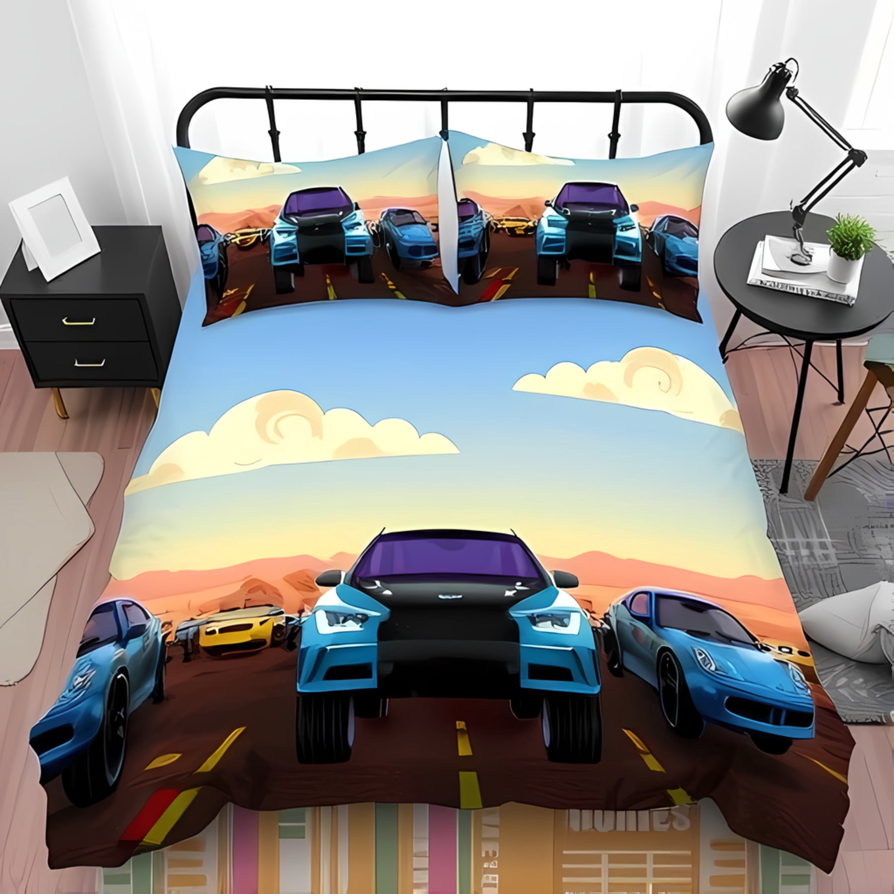3-Piece Race Car Duvet Cover Set - Vibrant Blue SUV & Desert Landscape ...