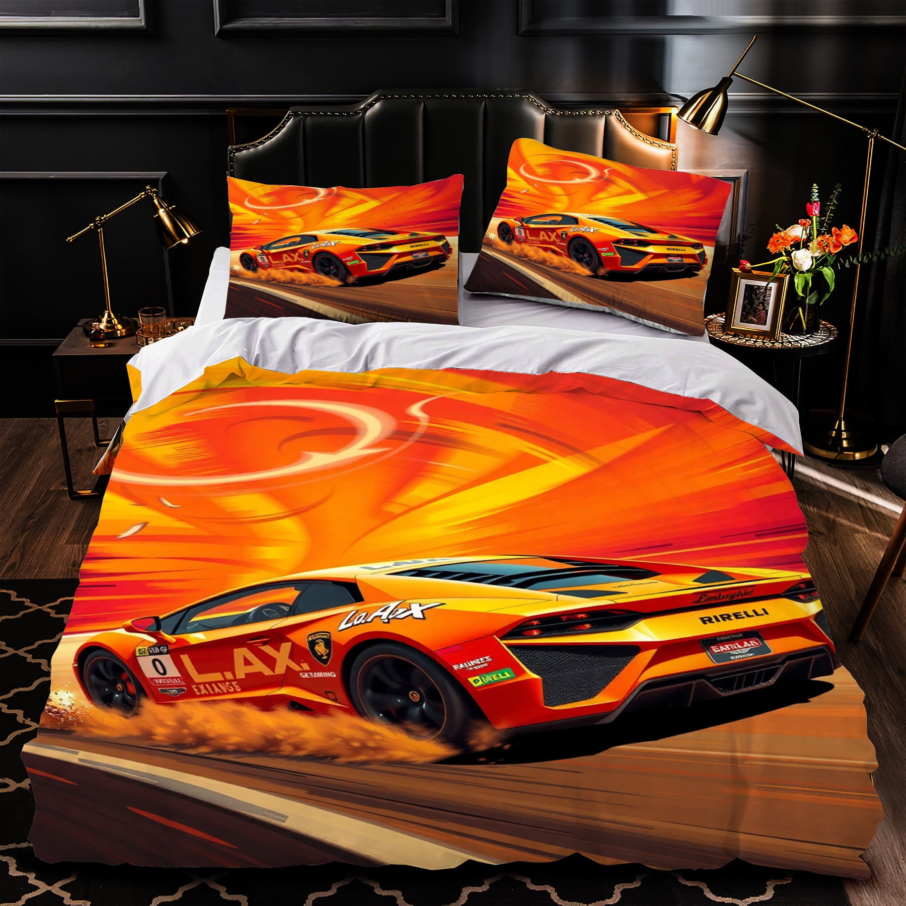 3-Piece Racing Car Duvet Cover Set - Vibrant Orange & Yellow Bedding ...