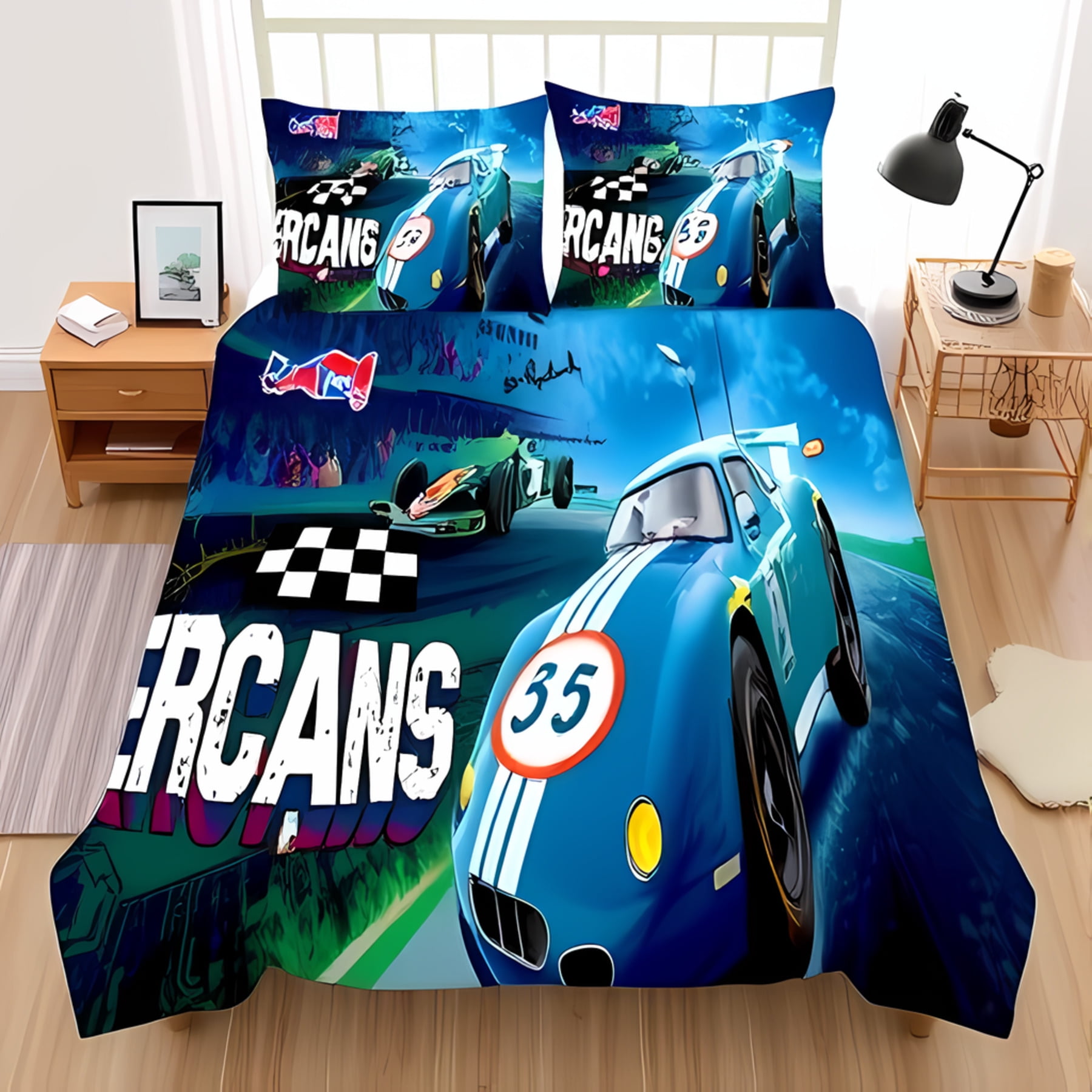 3-Piece Racing Theme Duvet Cover Set - Blue Car with Number 35 ...