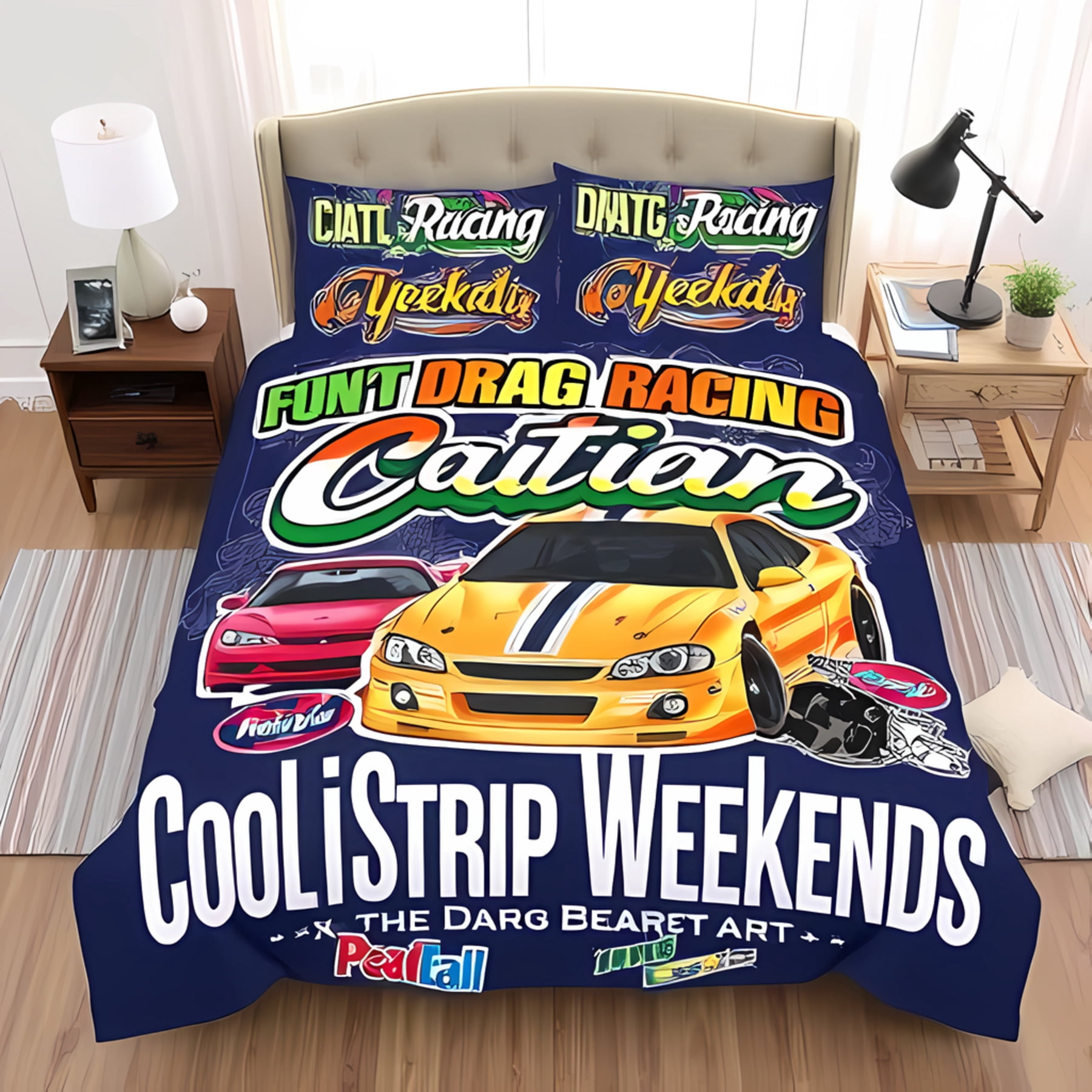 3-Piece Racing Theme Duvet Cover Set - Bold Race Car Graphics Bright ...
