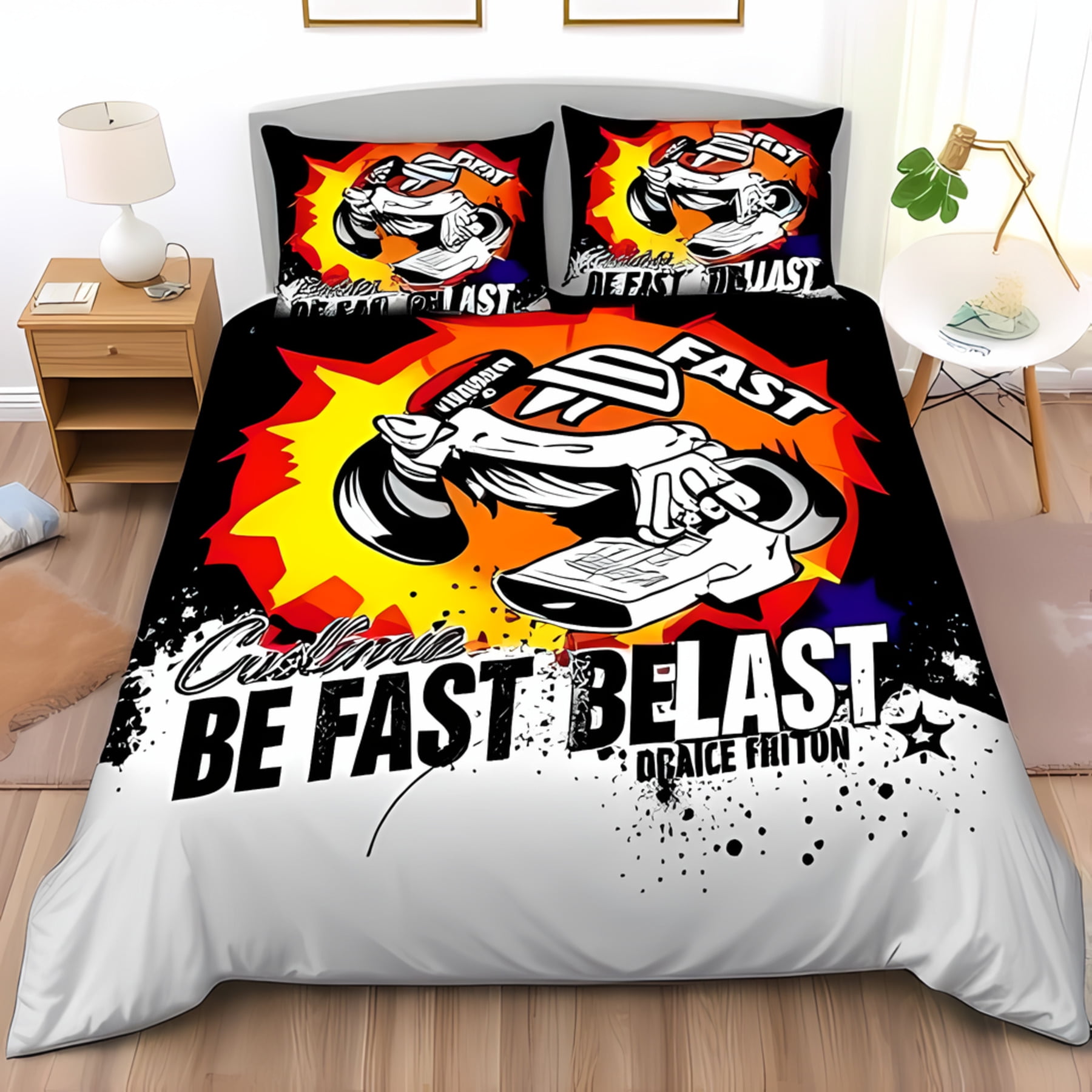 3-Piece Racing Theme Duvet Cover Set - Vibrant Colors Gaming Console ...