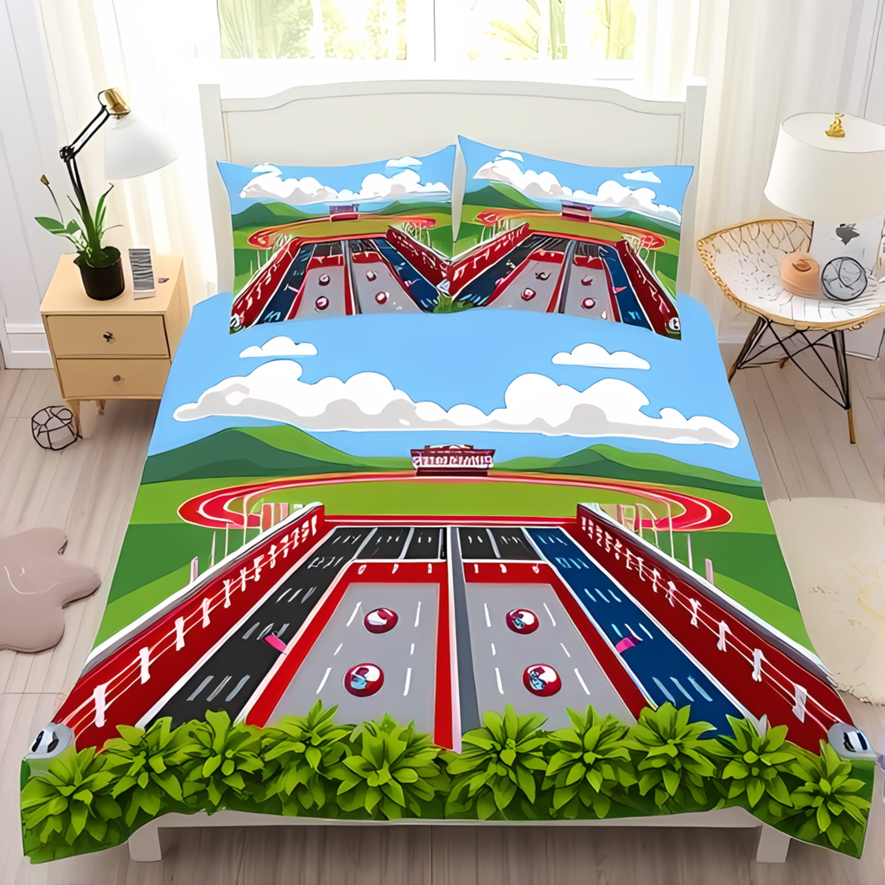 3-Piece Racing Theme Duvet Cover Set - Vibrant Racetrack Design with ...