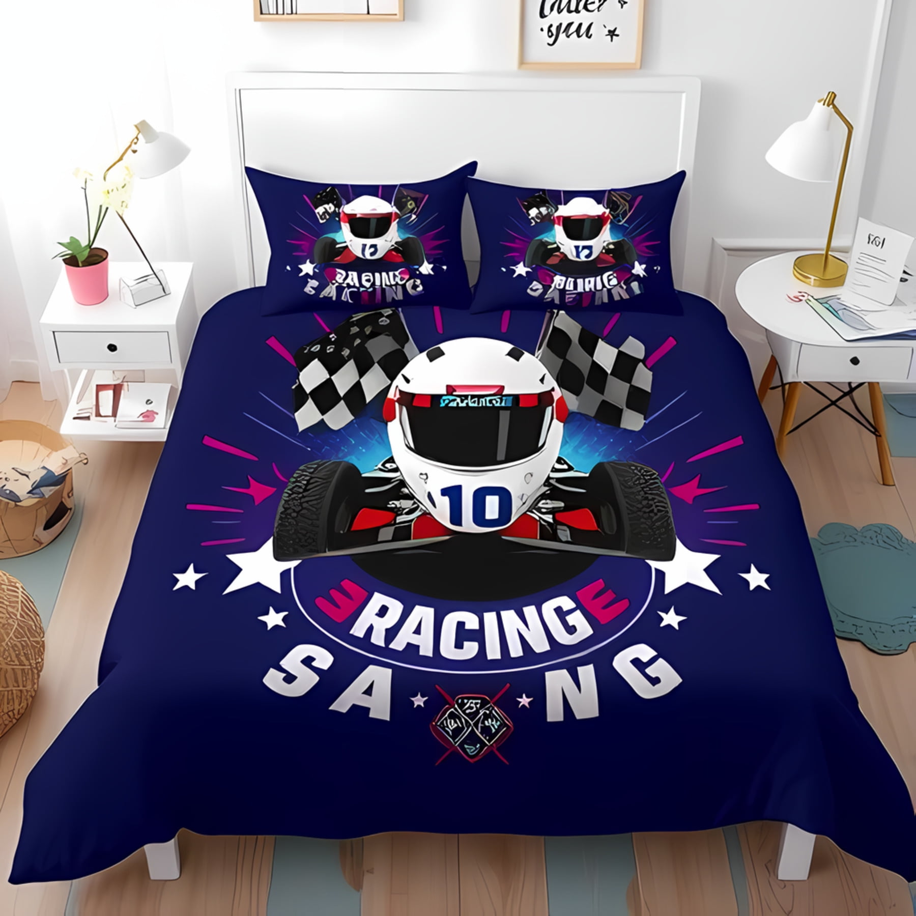 3-Piece Racing-Themed Duvet Cover Set with White Graphic Checkered ...