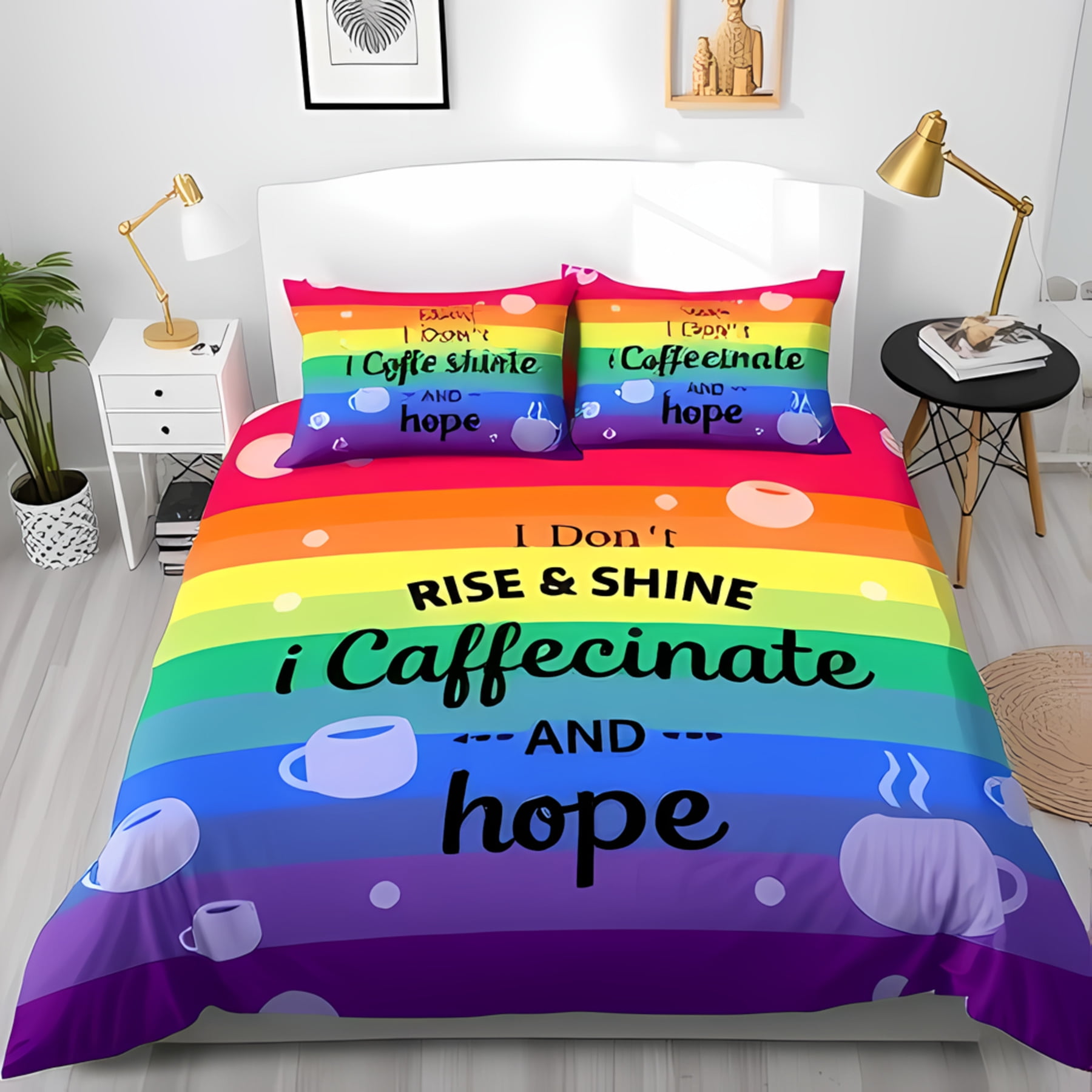 3-Piece Rainbow Coffee Themed Duvet Cover Set with Motivational Quotes ...