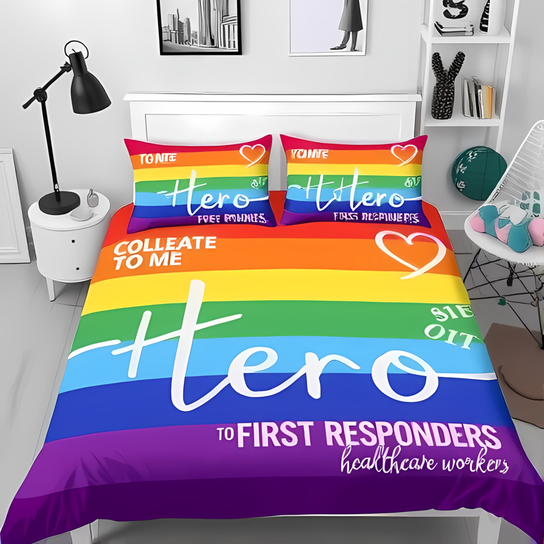 3-Piece Rainbow Duvet Cover Set with 'Hero' Script - Vibrant LGBTQ+ ...