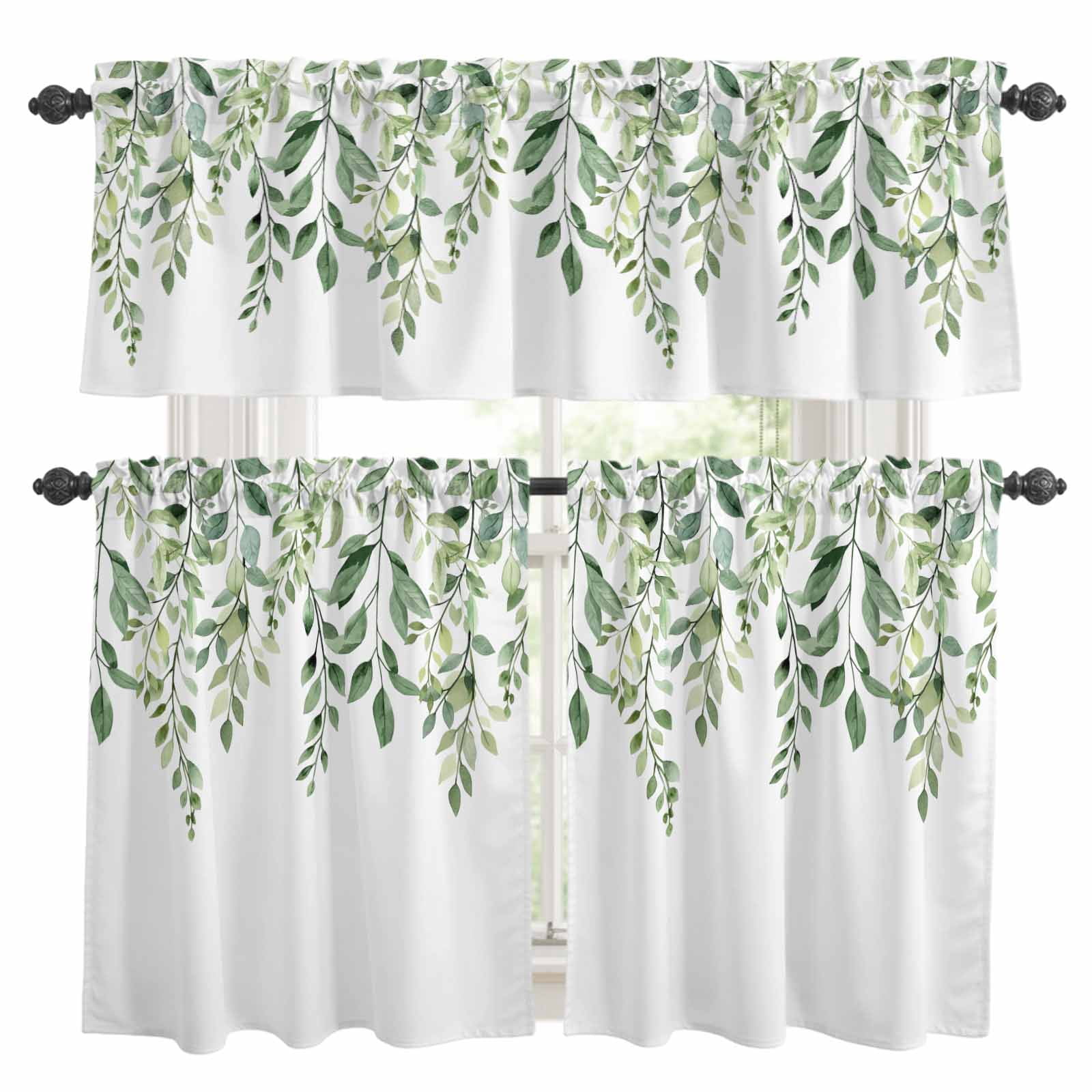 3 Piece Rat Tailings Kitchen Curtain Valance and Tiers Set Green Plants ...