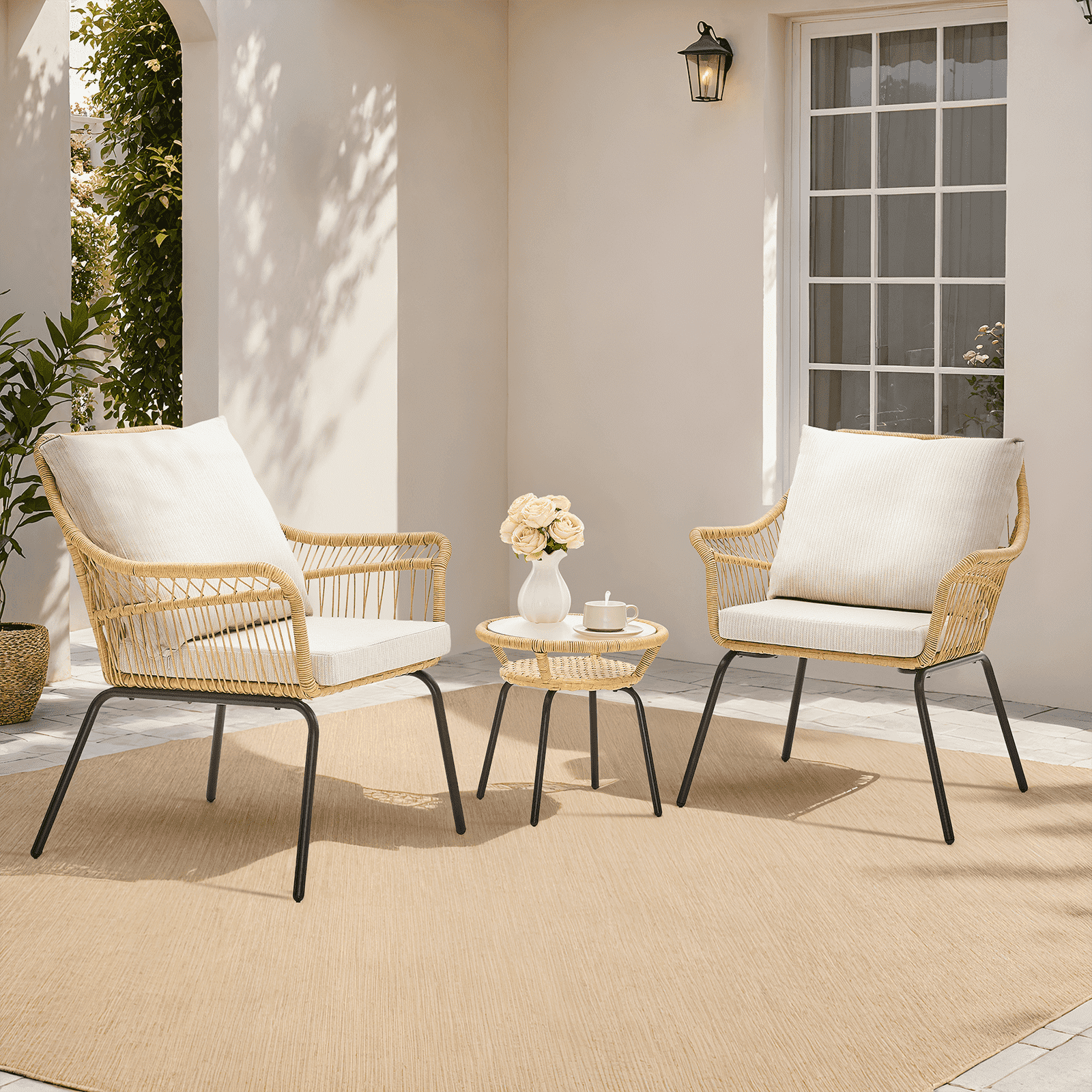 Onbrill 3-Piece Rattan Outdoor Bistro Sets with Glass Table and 2 All ...