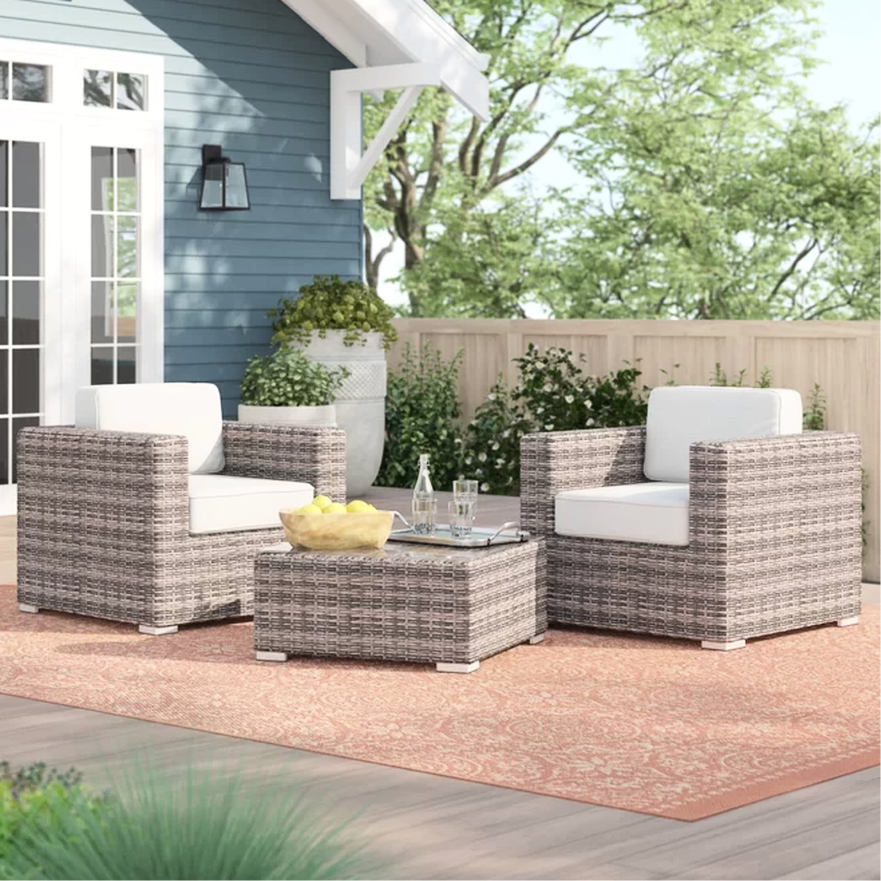 3-Piece Rattan Seating Set for 2, UV-Resistant with Tempered Glass Top ...