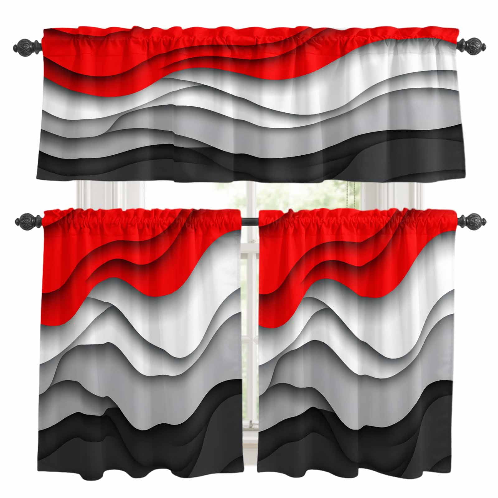 3 Piece Red Black Waves Kitchen Curtain Valance and Tiers Set Abstract ...