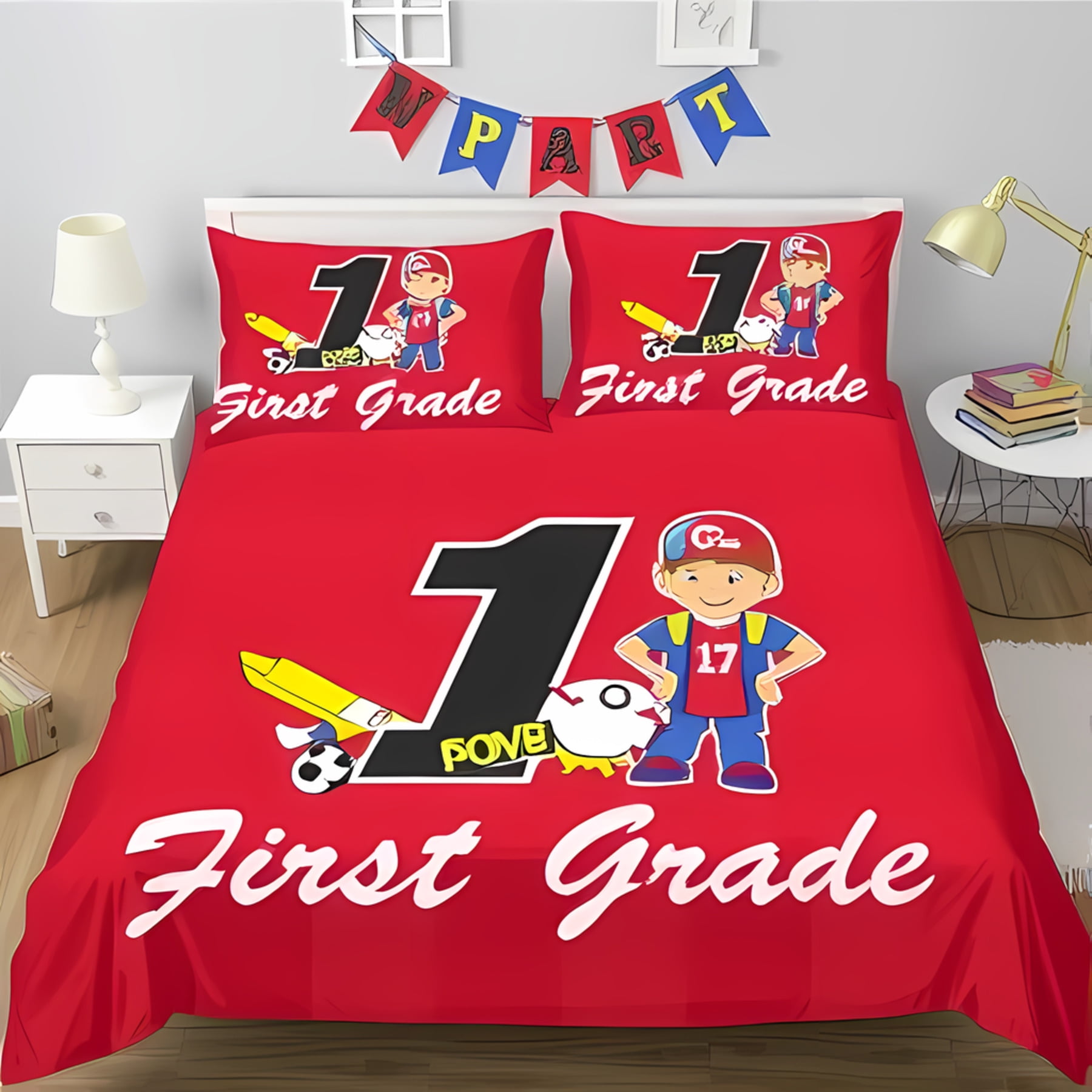 3-Piece Red Duvet Cover Set Playful Sports Graphics & 'First Grade ...