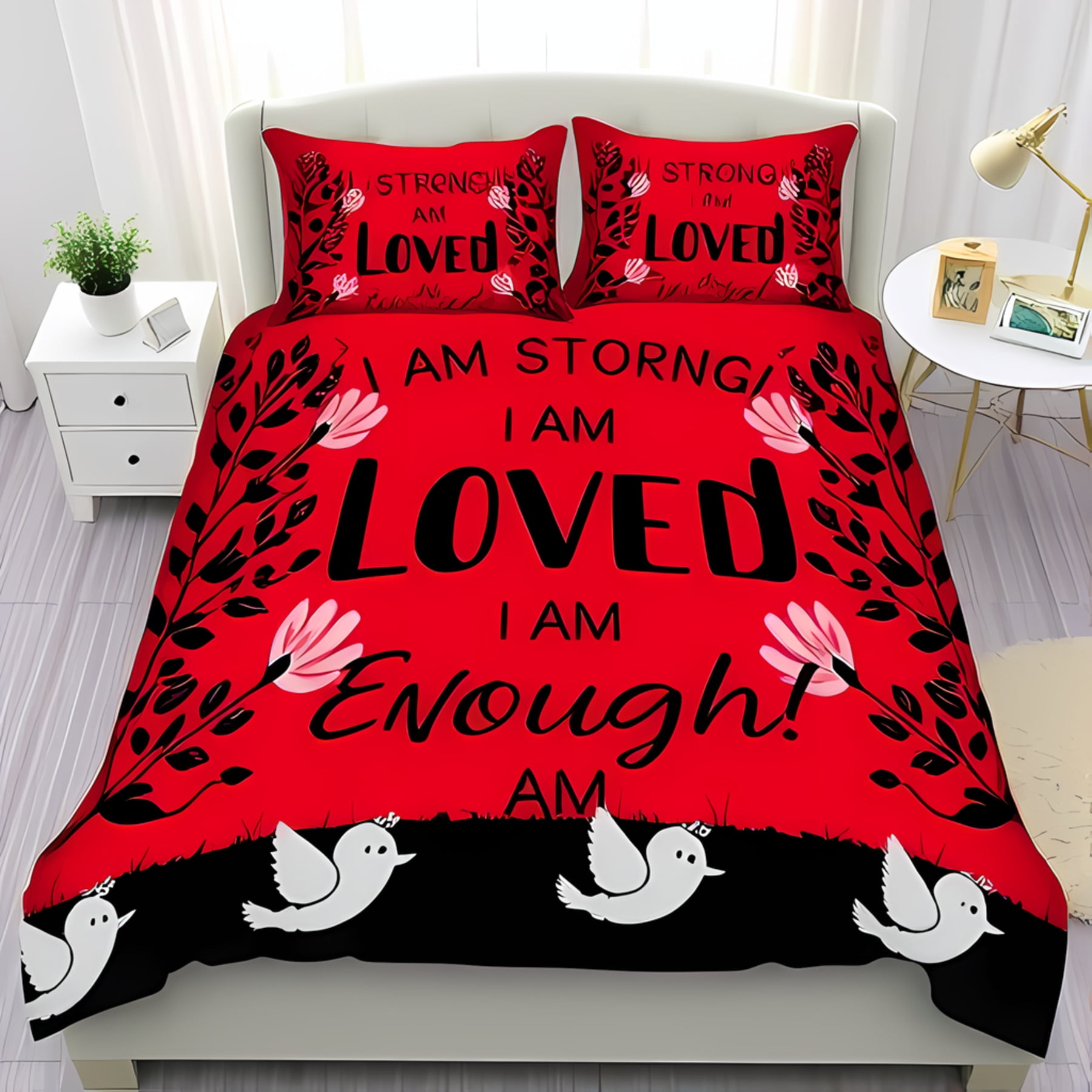 3-Piece Red Duvet Cover Set with Black Floral Design & Empowering Quote ...
