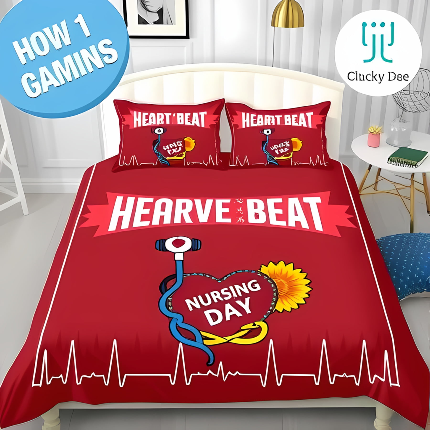 3-Piece Red Duvet Cover Set with " Heart Beat " Design Caduceus ...