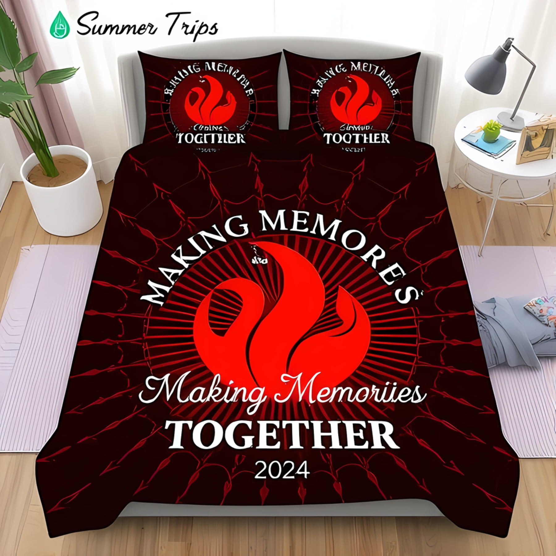 3-Piece Red Duvet Cover Set with " Making Memories Together 2024 " Text ...