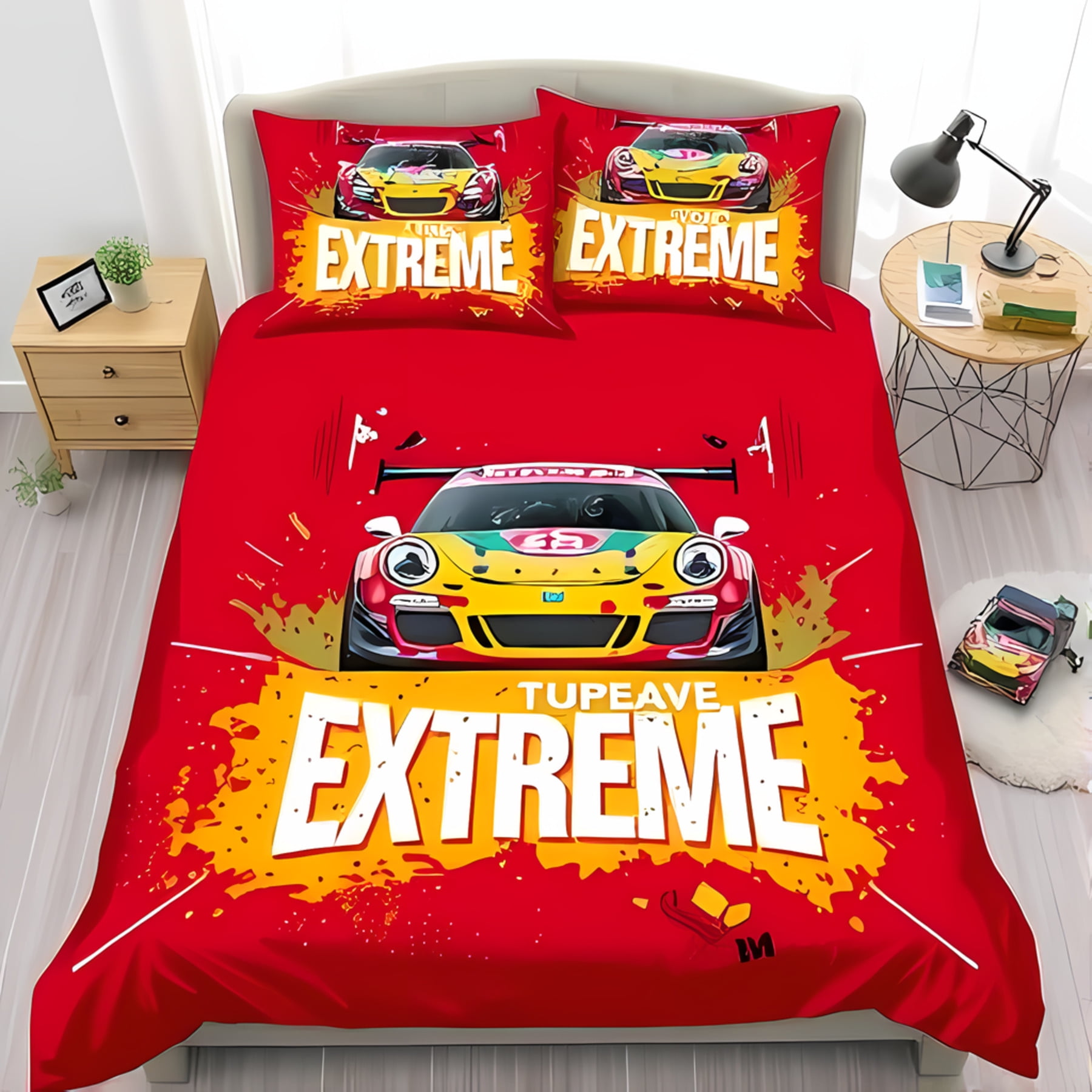 3-Piece Red Duvet Cover Set with Yellow & Green Race Car Design Extreme ...
