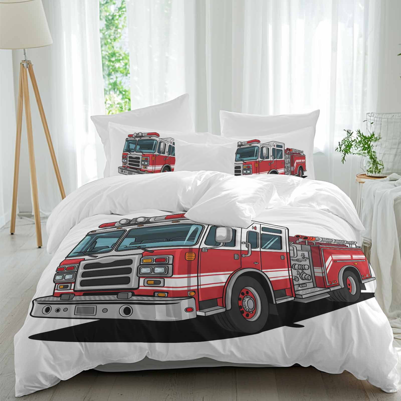 3 Piece Red Fire Truck Duvet Cover Set Twin Size, Microfiber Comforter ...