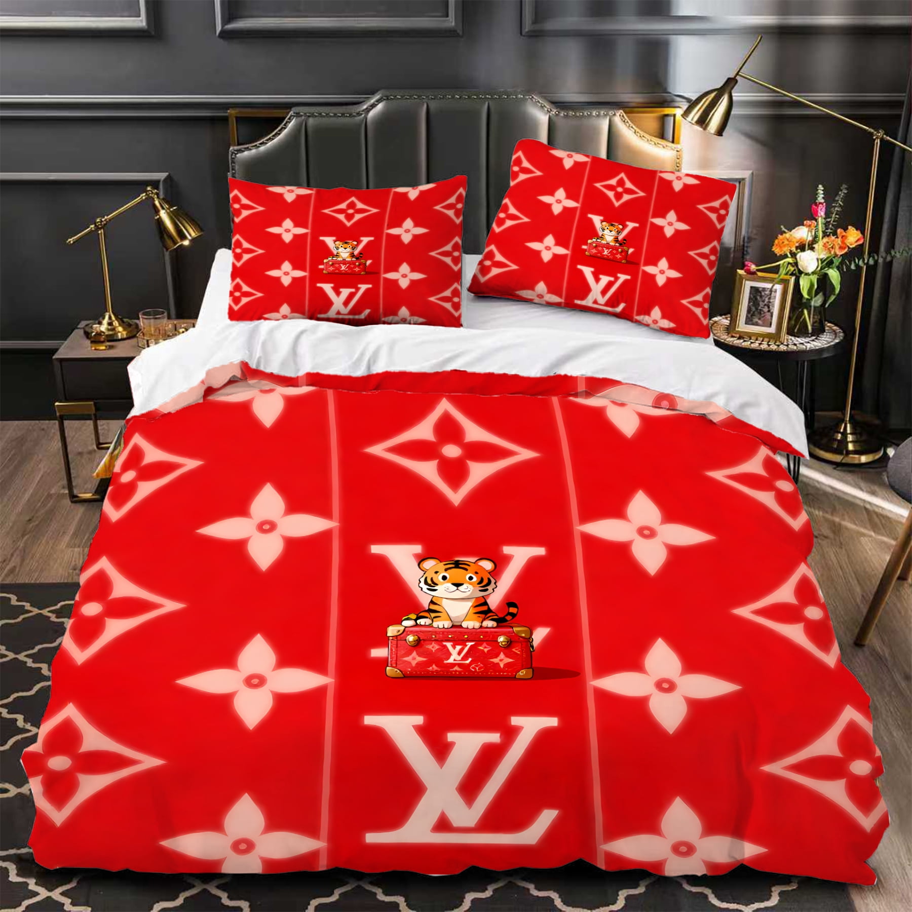 3-Piece Red Floral Duvet Cover Set with ' Y ' Motif Modern Design ...