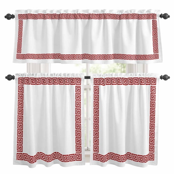 3 Piece Red Geometric Kitchen Curtain Valance and Tiers Set Greek ...