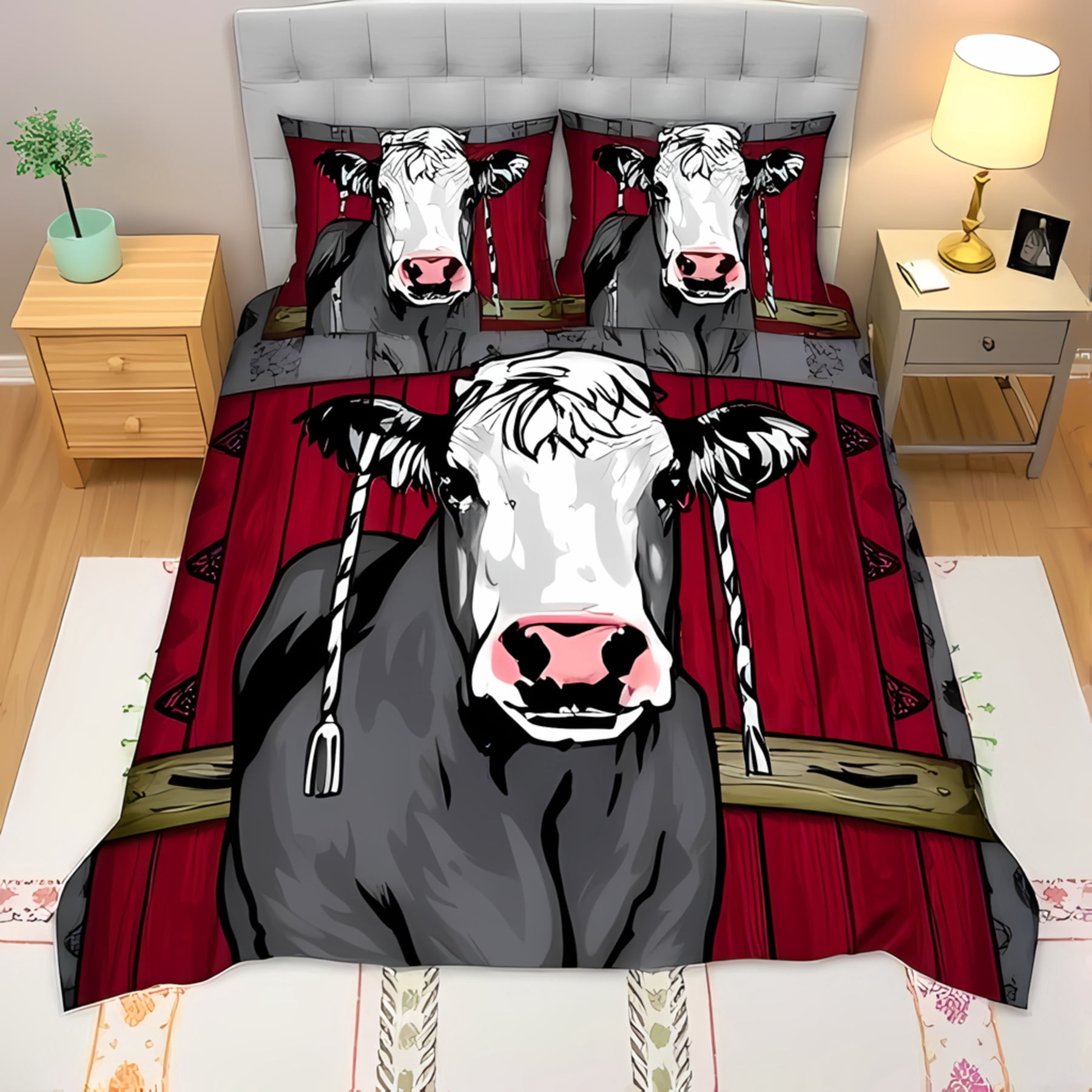 3-Piece Red & Gray Duvet Cover Set with Rustic Cow Design - Elegant ...
