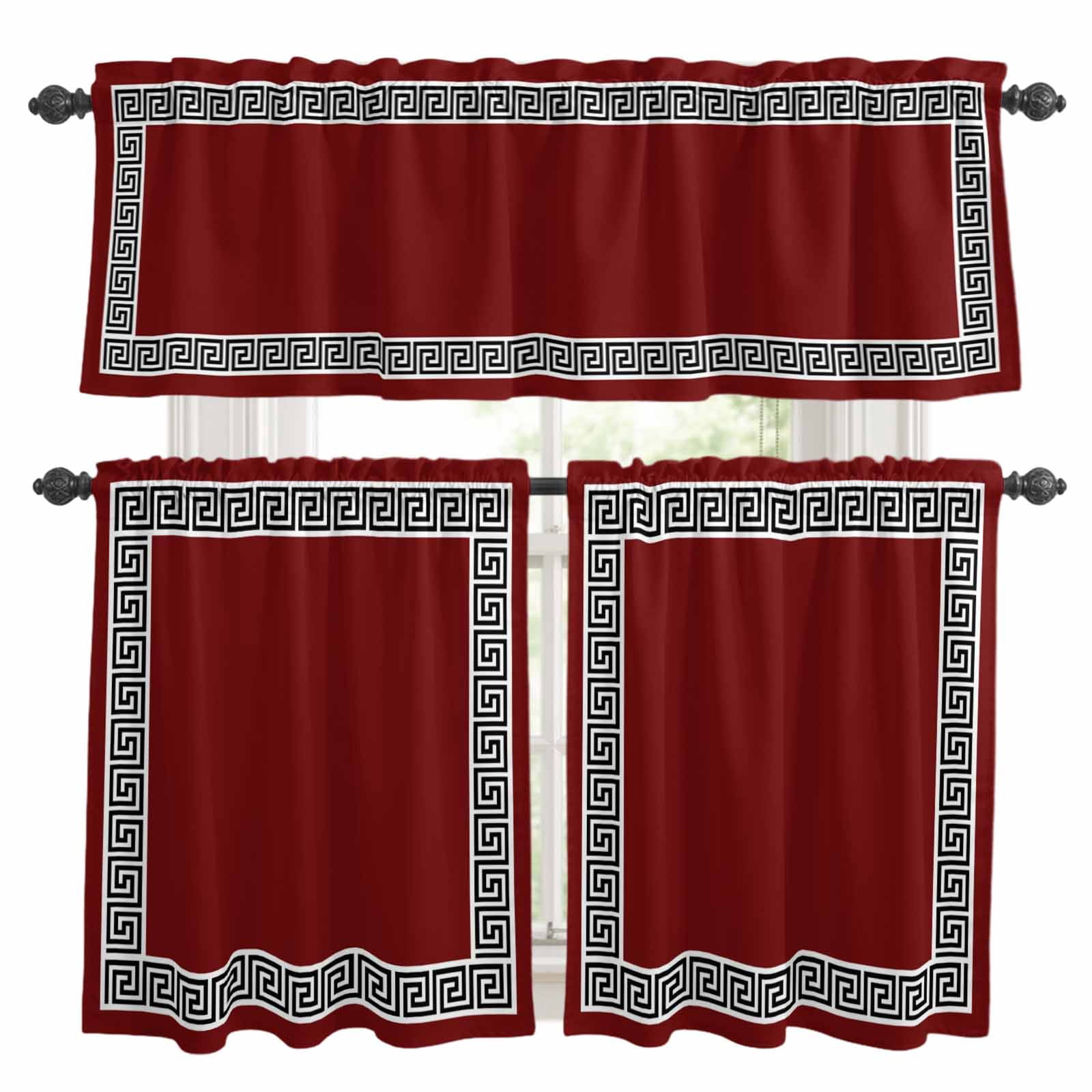 3 Piece Red Kitchen Curtain Valance and Tiers Set Greek Chinese Style ...