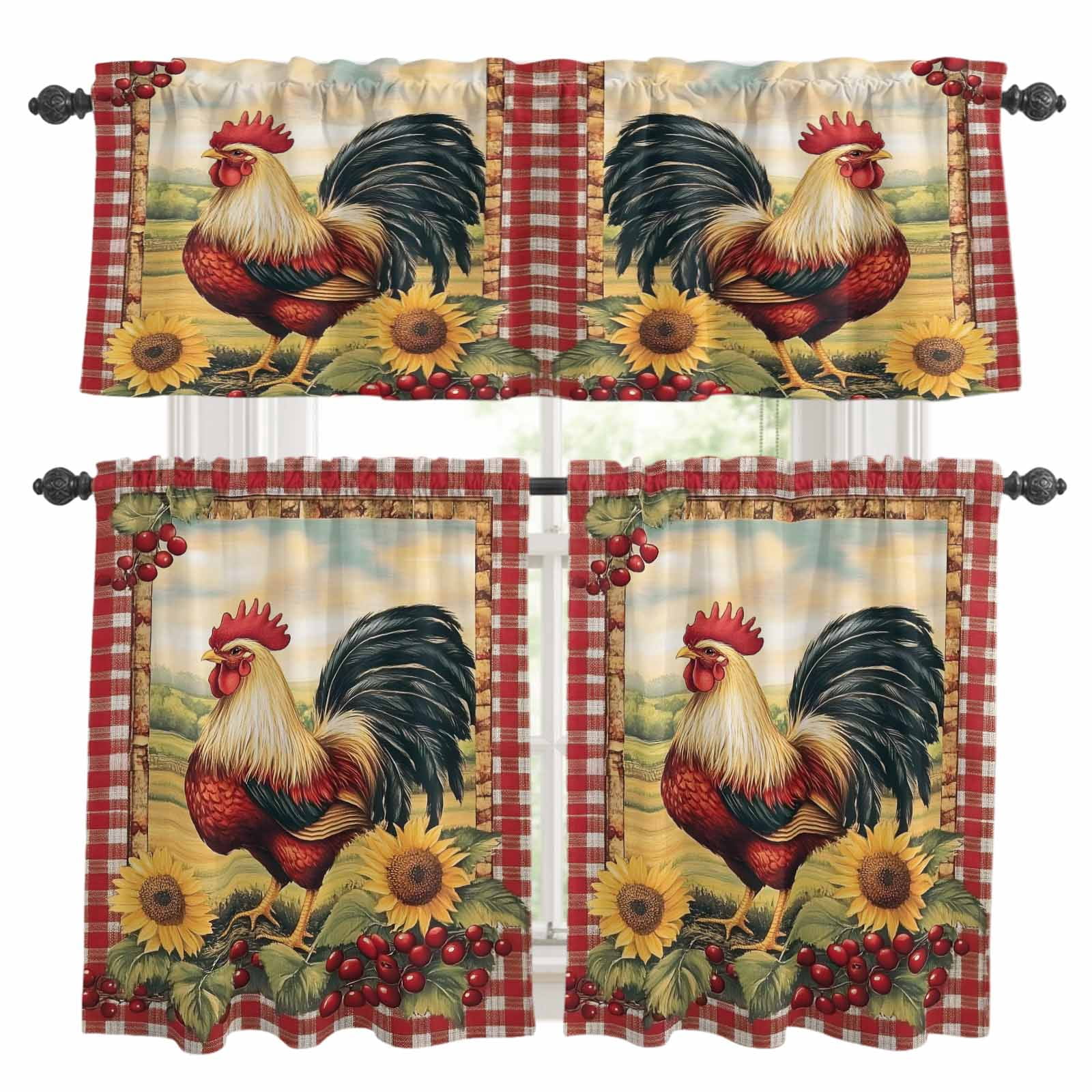 3 Piece Red Rooster Flowers Egg Kitchen Curtain Valance and Tiers Set ...