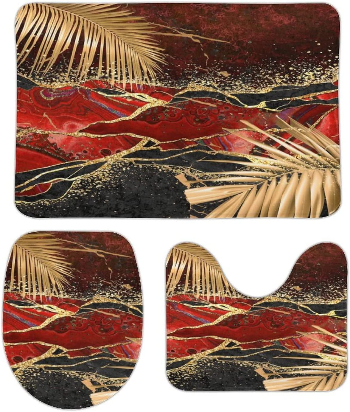 3 Piece Red and Black Marble Palm Leaf Bath Mats Sets Non-Slip Bathroom ...