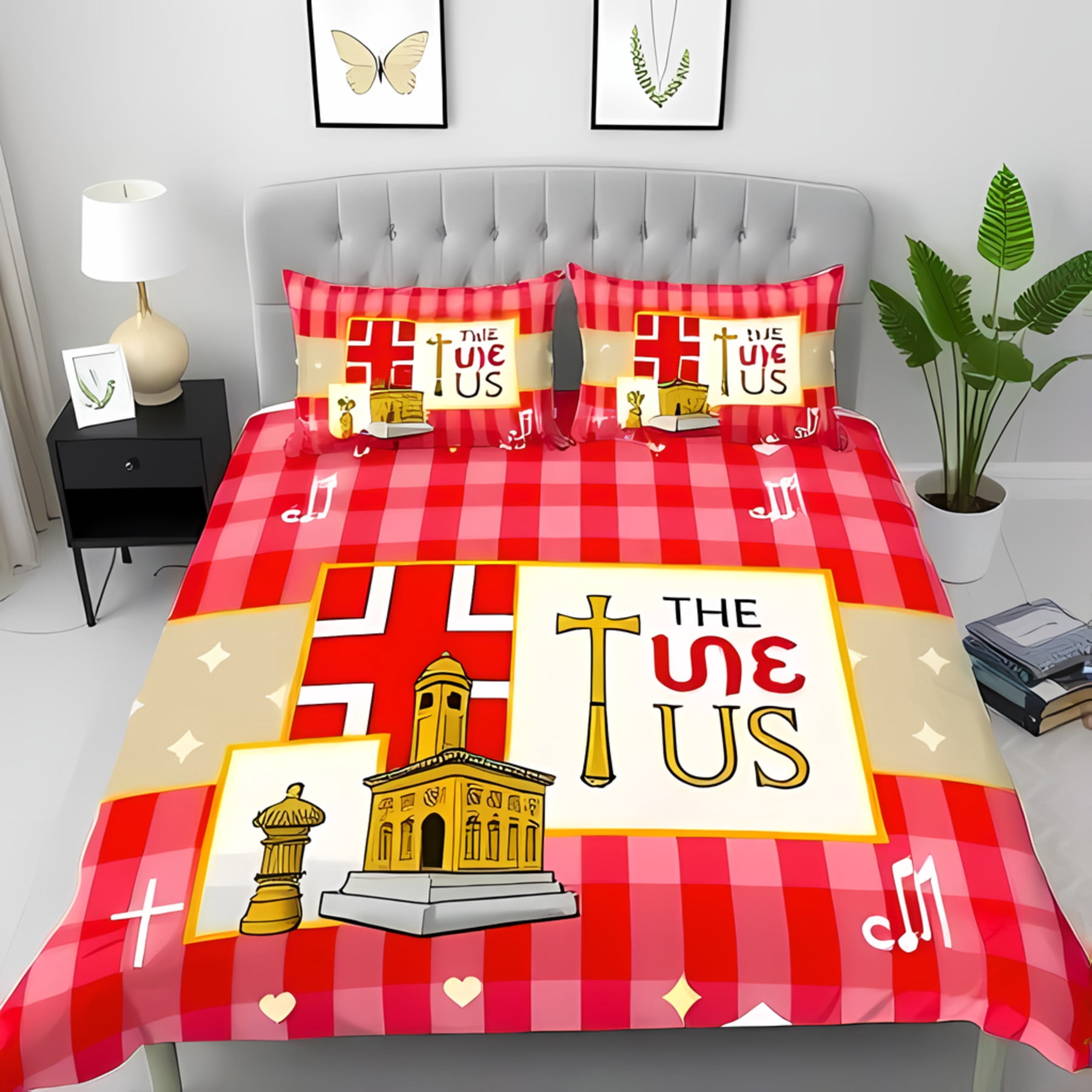 3-Piece Red and Cream Checkered Duvet Cover Set with Bold Cross Motif ...