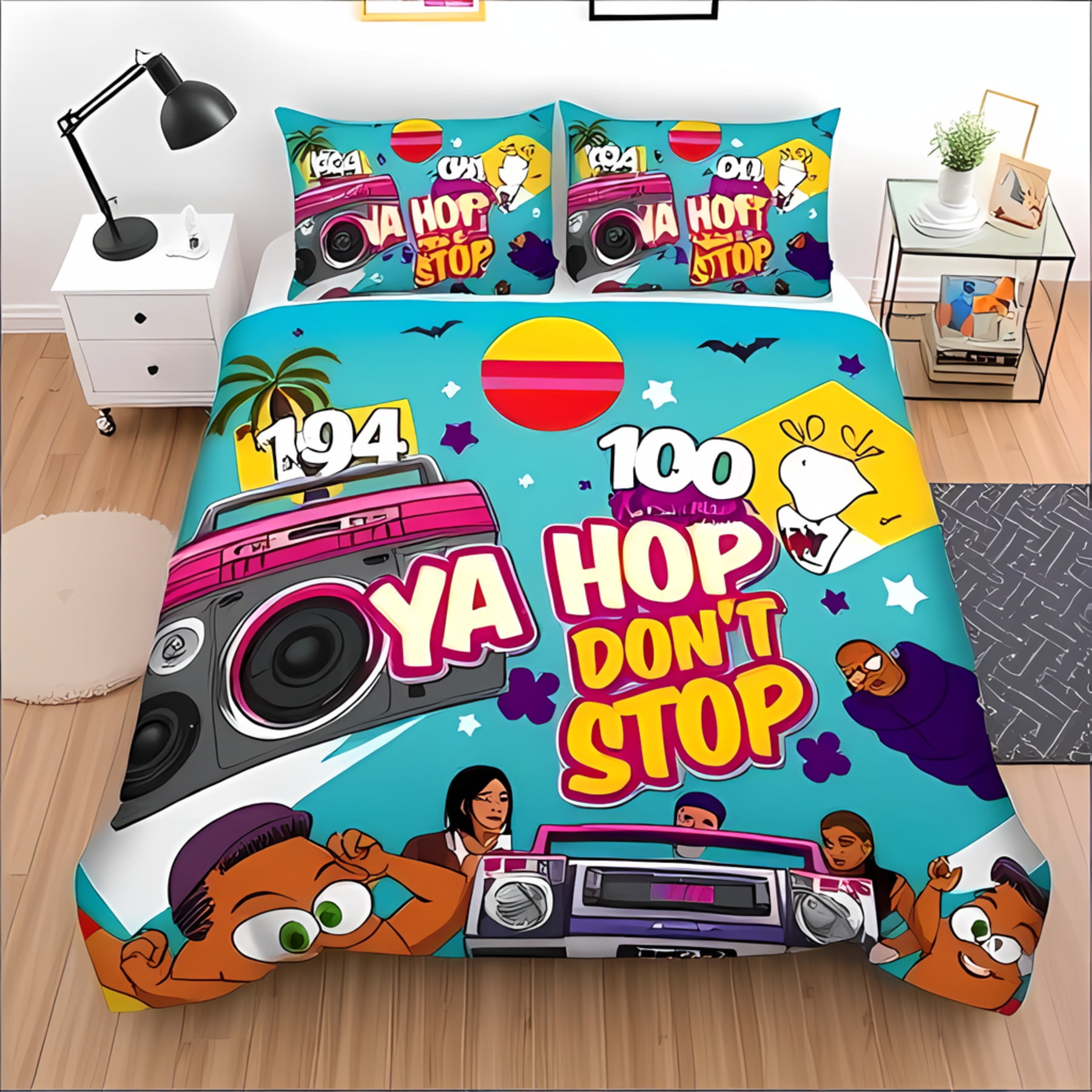 3-Piece Retro 90s Hip-Hop Duvet Cover Set with Boombox & Cartoon ...