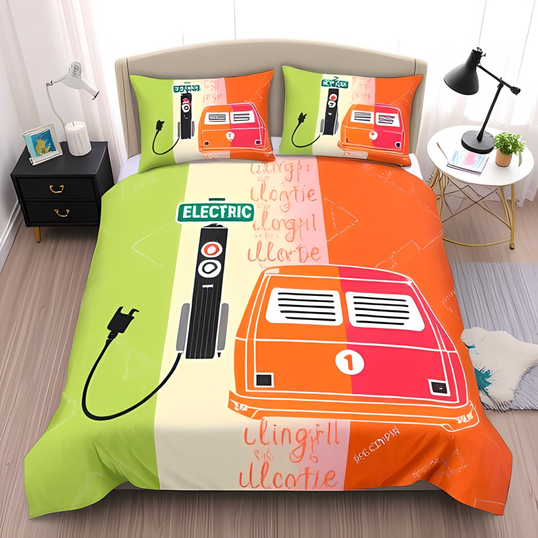 3-Piece Retro Bedding Set - Whimsical Orange Vintage Van at Station ...