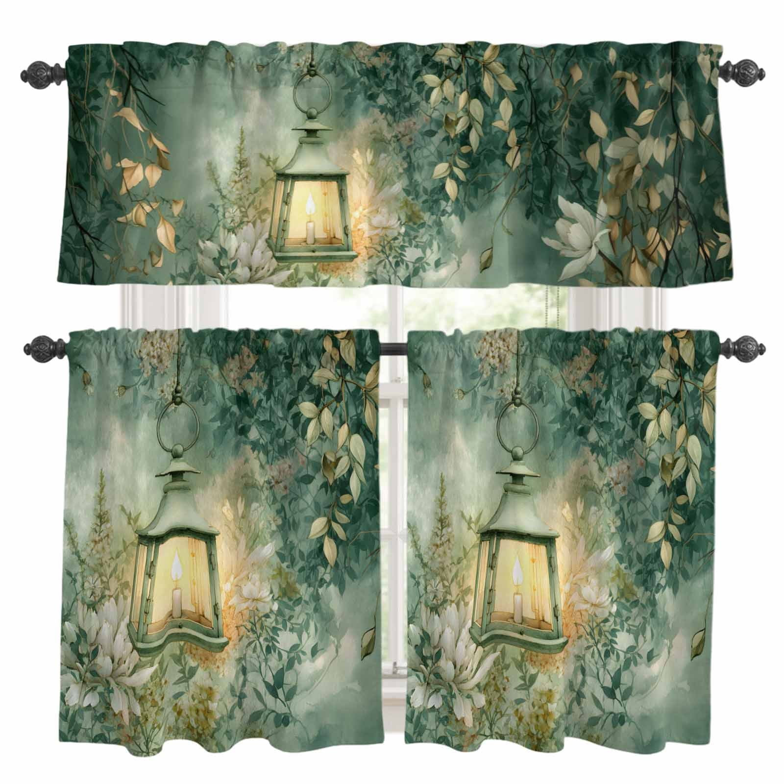 3 Piece Retro Candles Kitchen Curtain Valance and Tiers Set Flowers ...
