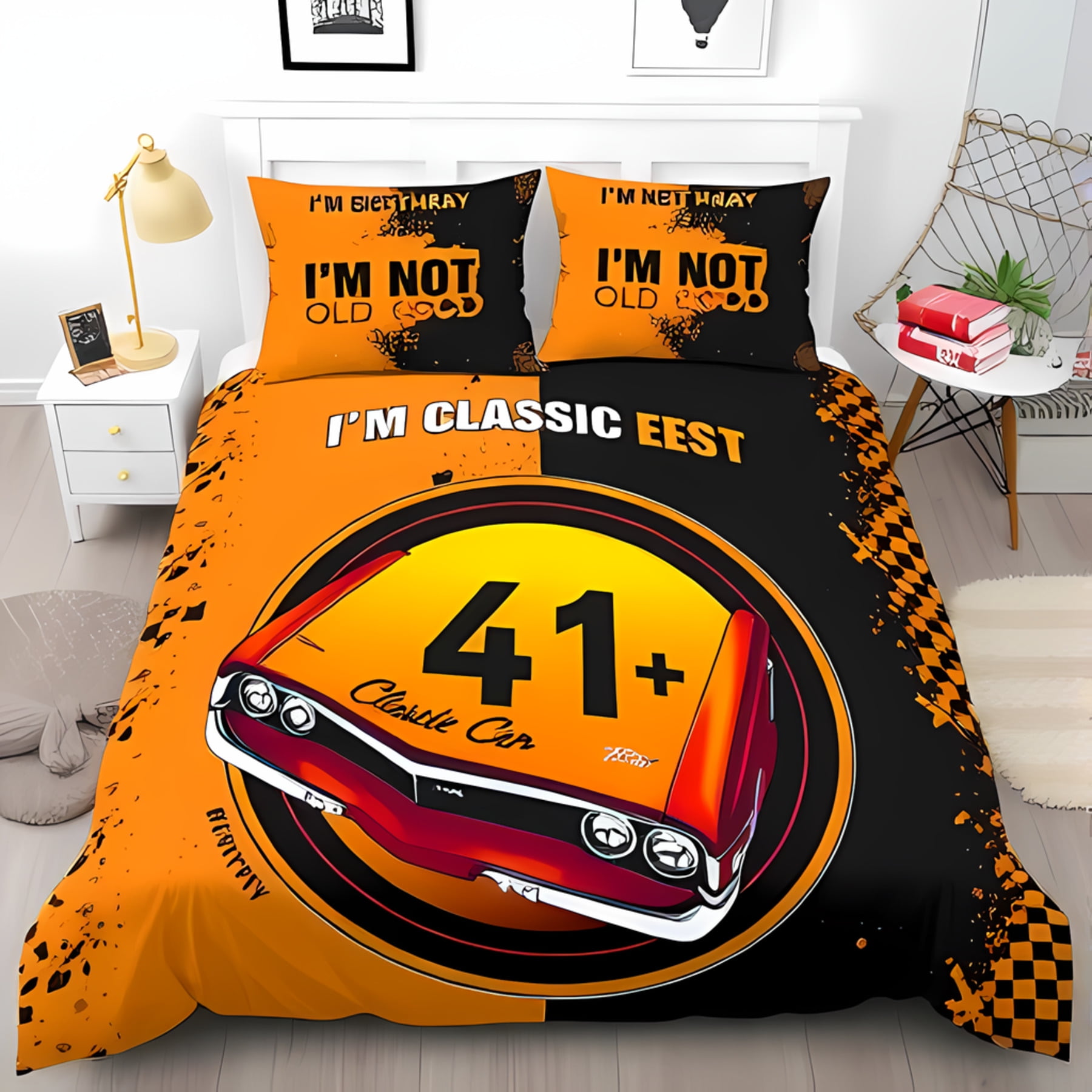 3-Piece Retro Classic Car Duvet Cover Set - Bold Orange & Black Design ...