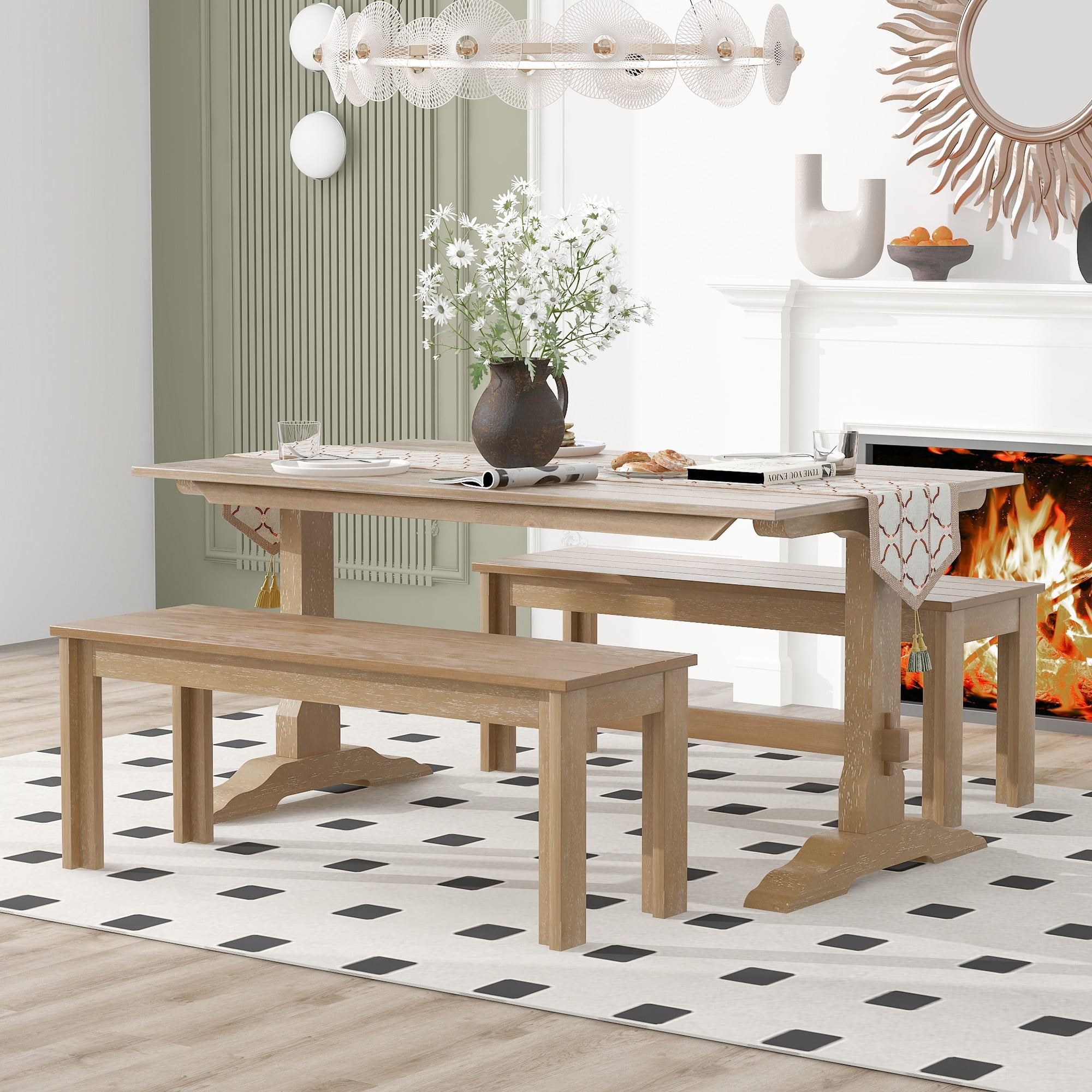 3-Piece Retro Dining Set, Rectangular Trestle Table and 2 Wooden ...