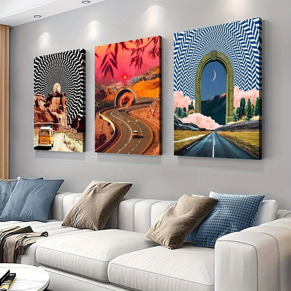 3-Piece Retro Highway, Psychedelic Tunnel, and Archway Wall Art Prints ...
