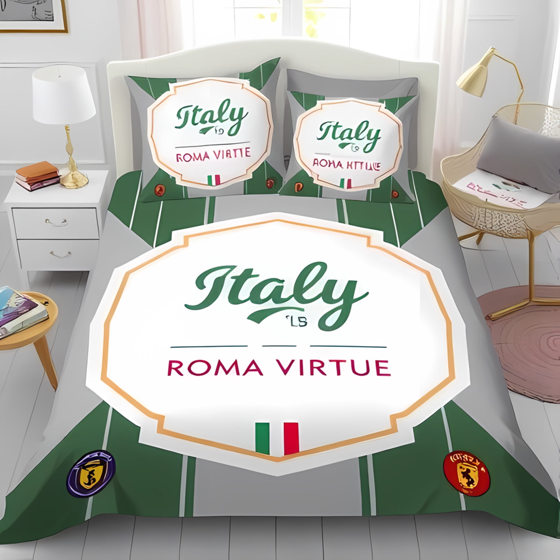 3-Piece Retro Italian Duvet Cover Set - Gray & Forest Green with ...